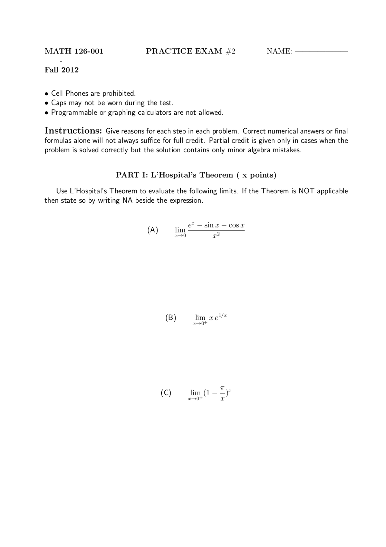 Hospitals Theorem And Trigonometric Substitution Math 126 Docsity