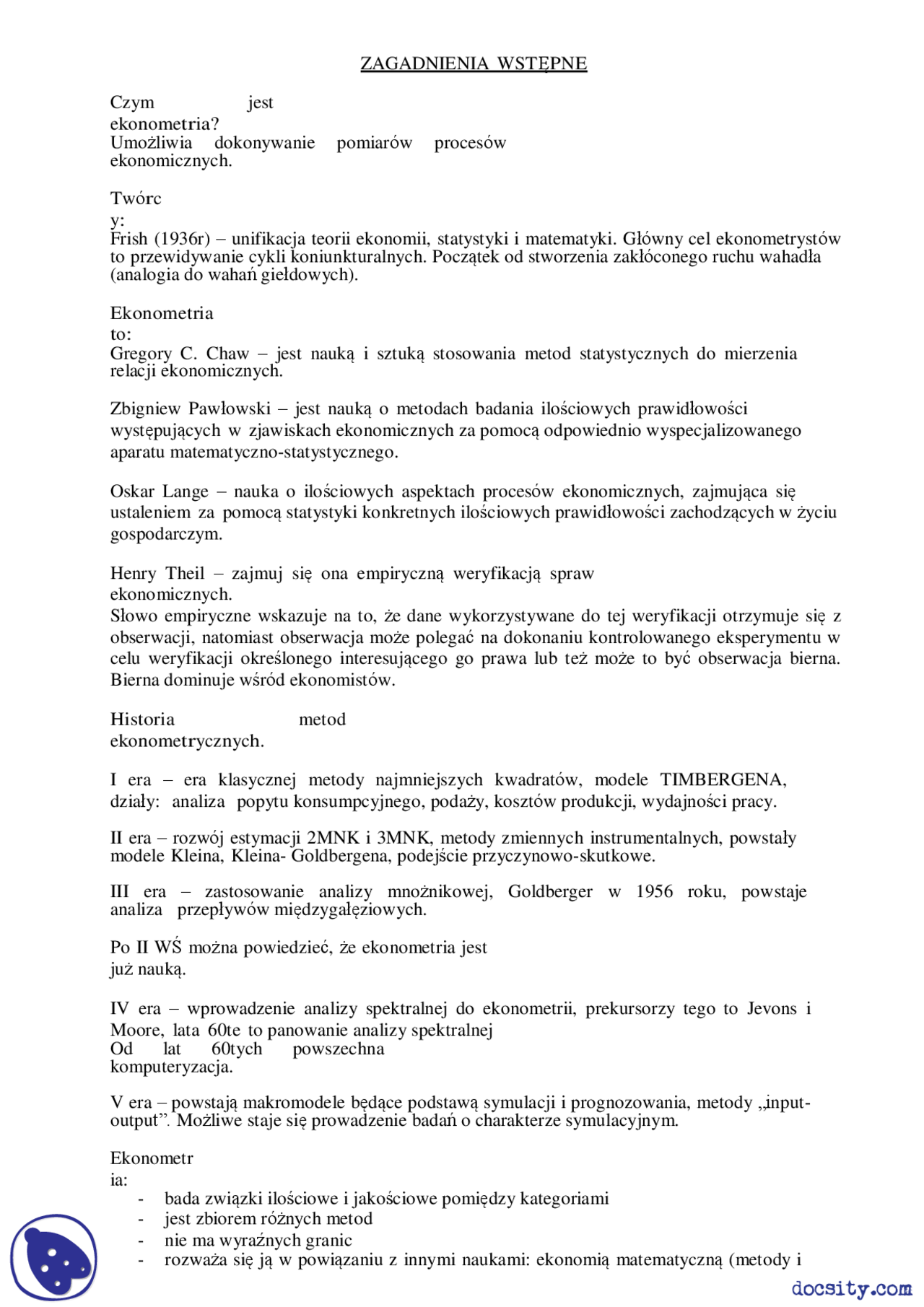 Zagadnienia wstępne - Notatki - Ekonometria - Docsity