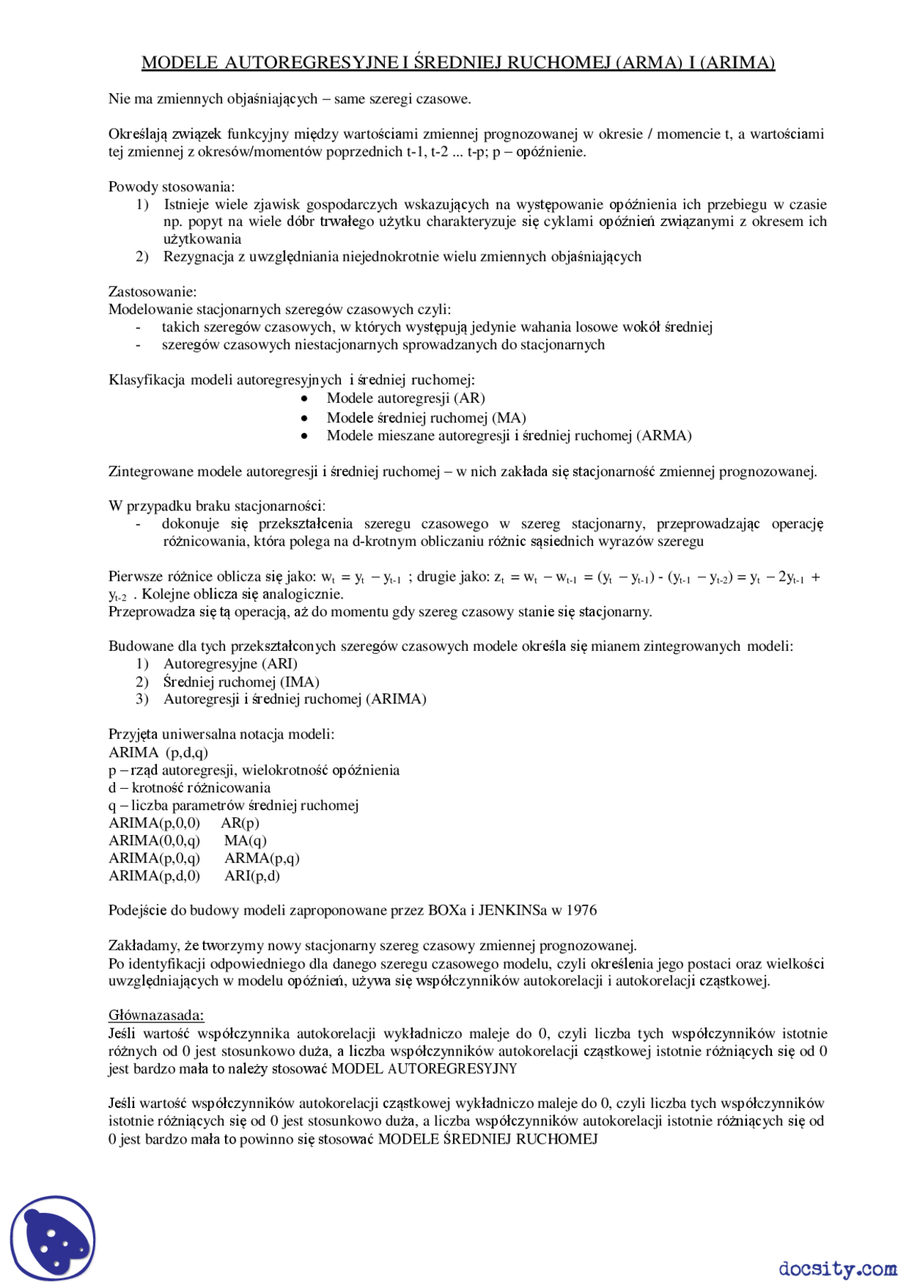 Modele autoregresyjne - Notatki - Ekonometria | Notatki Ekonometria | Docsity