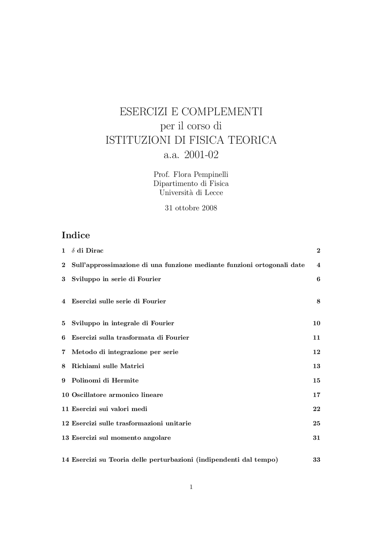 ISTITUZIONI DI FISICA TEORICA ESERCIZI E COMPLEMENTI - Docsity