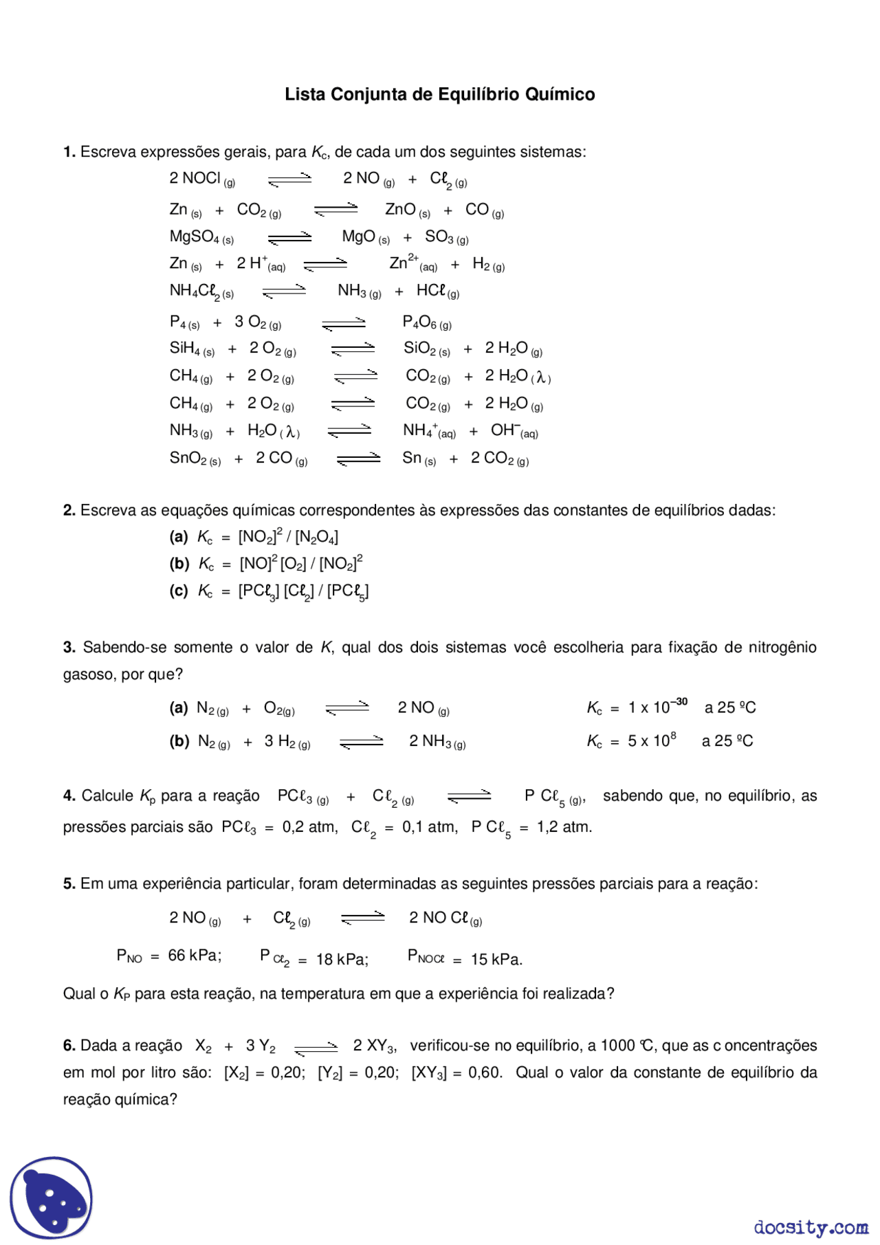 Equilíbrio Químico Exercícios Química Docsity
