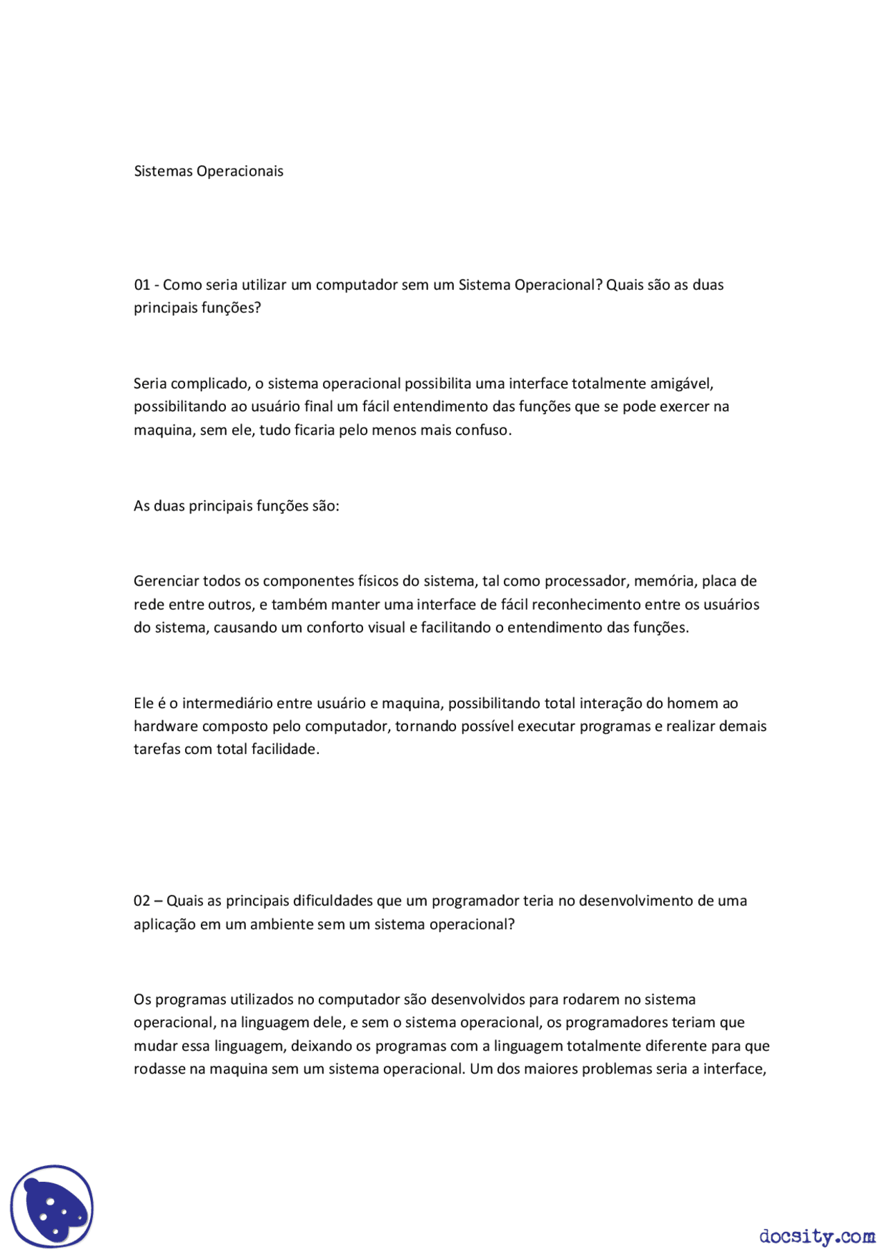 Sistemas Operacionais Exercicios Ciência Da Computação Docsity