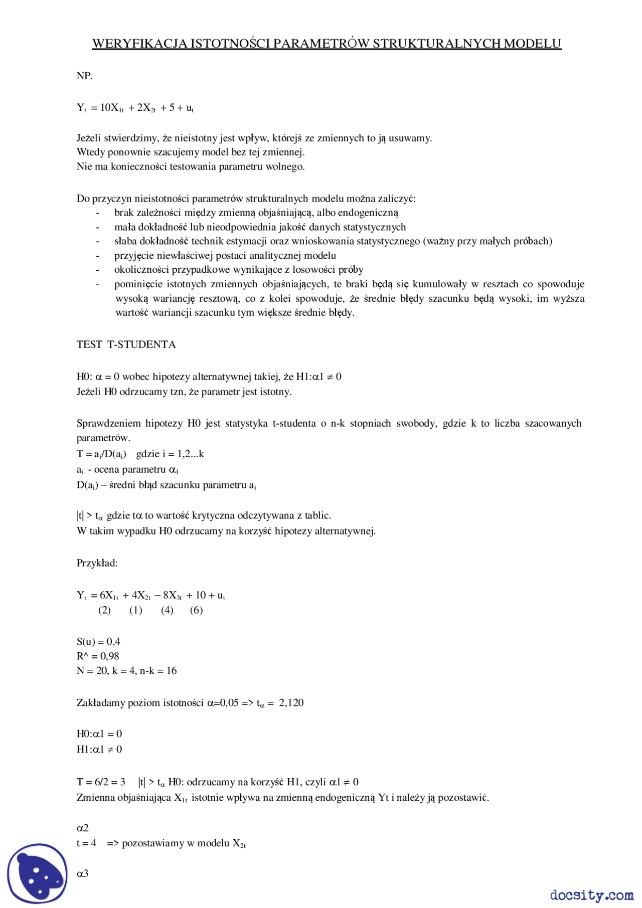 Weryfikacja istotności parametrów strukturalnych modelu - Notatki - Ekonometria | Notatki ...