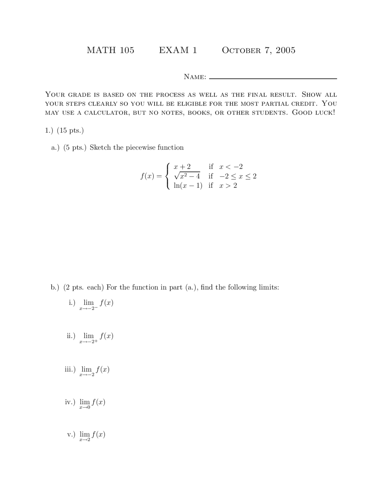 Piecewise Function - Calculus - Exam - Docsity