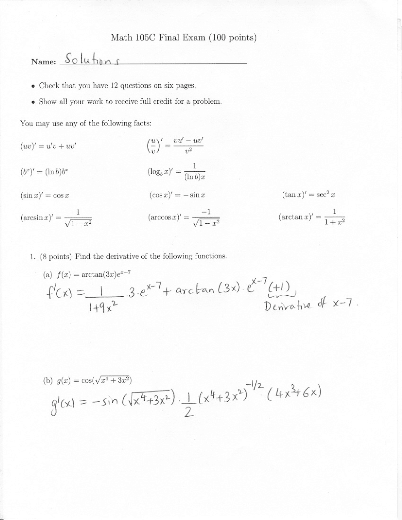 Swimming Pool - Calculus - Solved Exam - Docsity