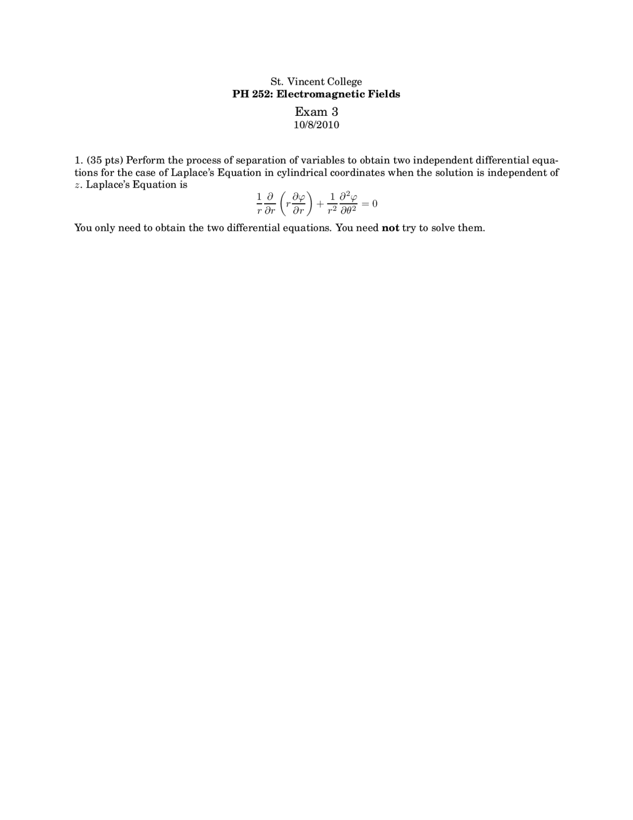 Process Of Separation Of Variables Electromagnetic Fields Exam