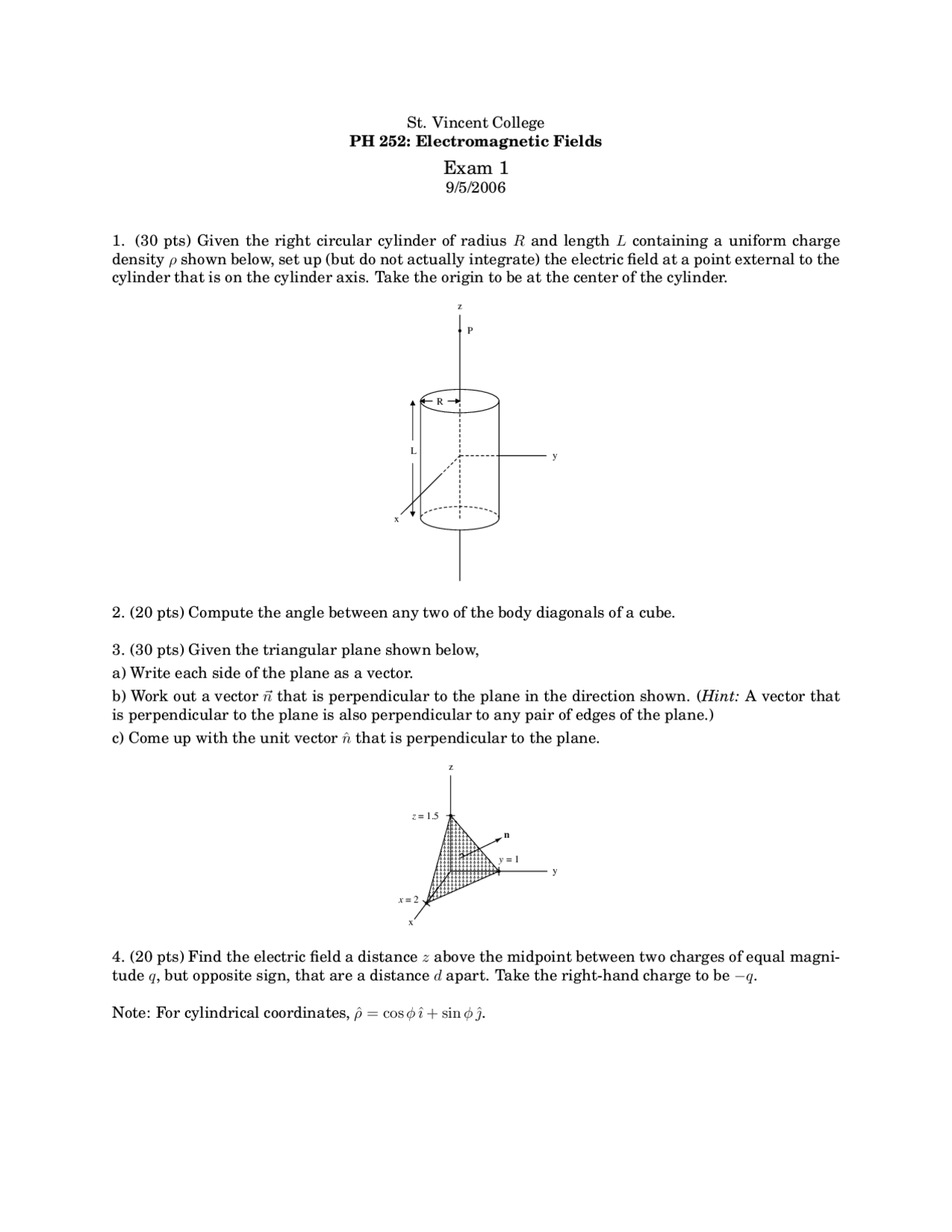 Uniform Charge Density Electromagnetic Fields Exam Docsity