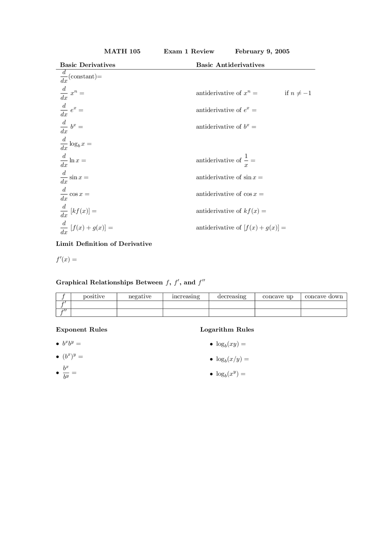 Limit Definition - Calculus - Exam - Docsity