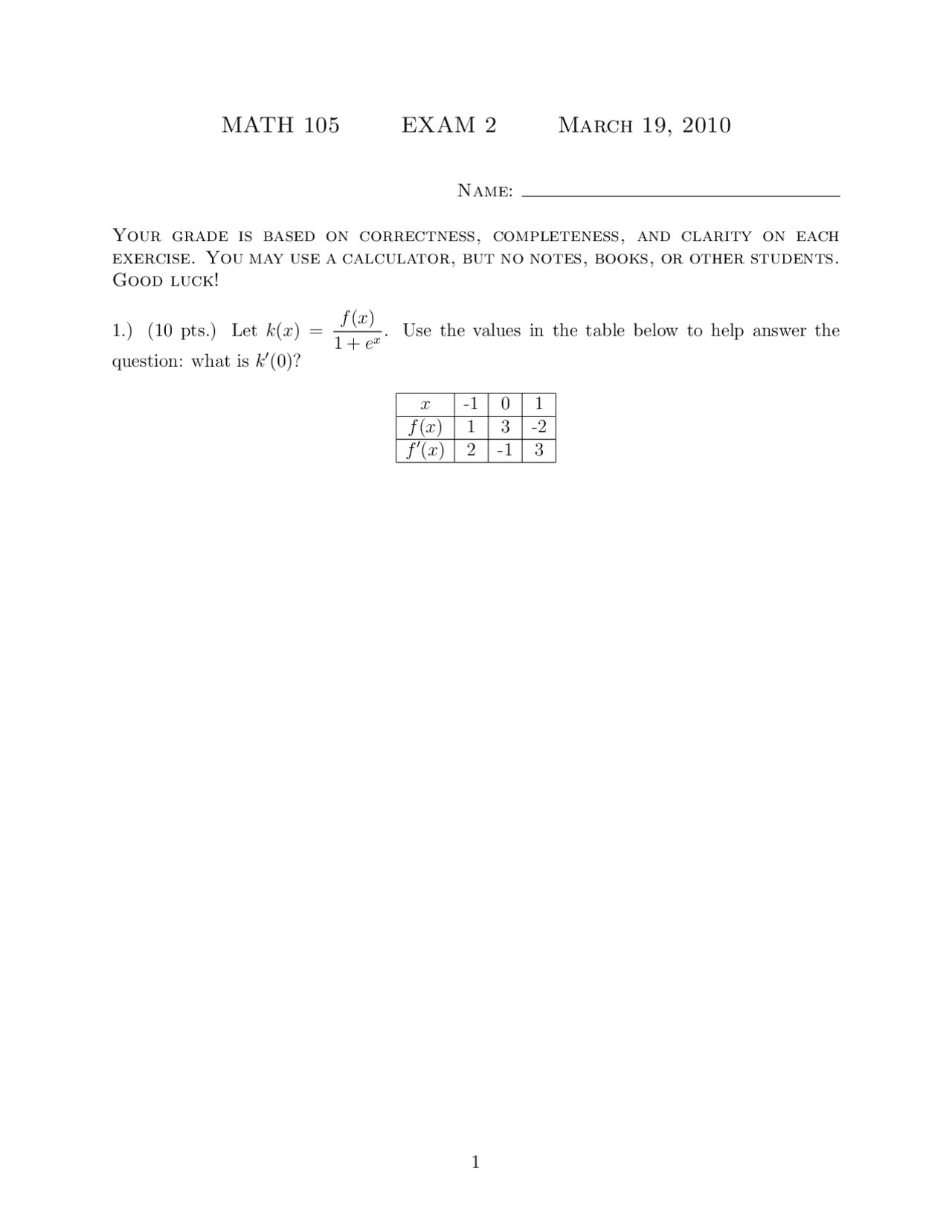 Table - Calculus - Exam - Docsity