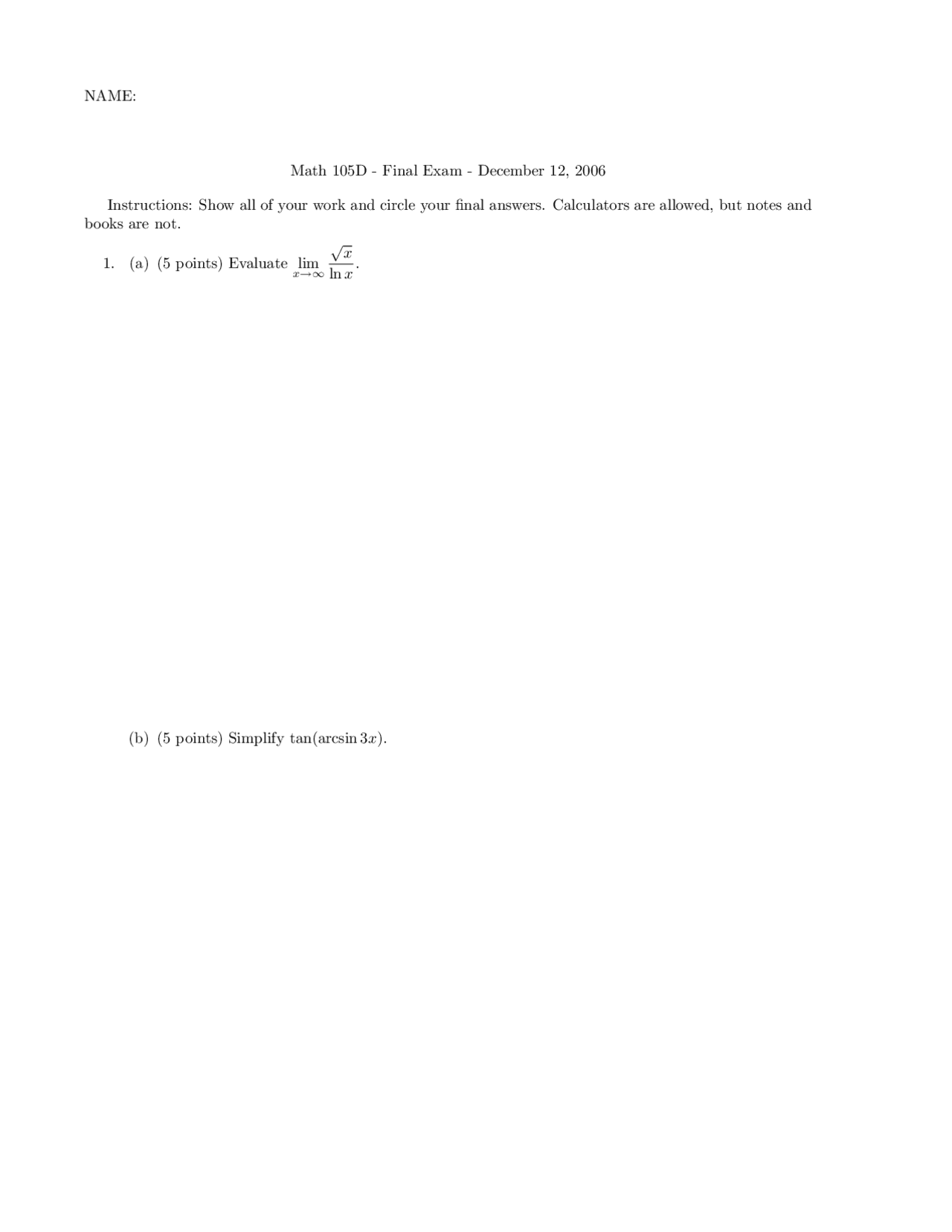 Simplify Tan Calculus Exam Docsity