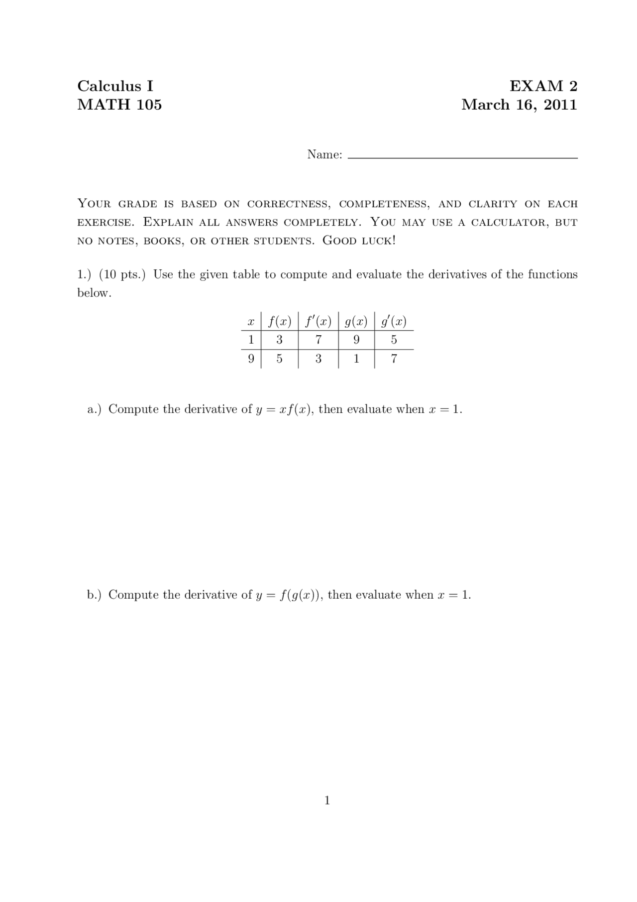 Compute Calculus Exam Docsity