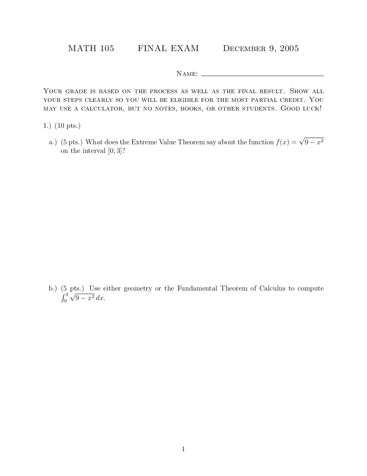 Extreme Value Theorem - Calculus - Exam - Docsity