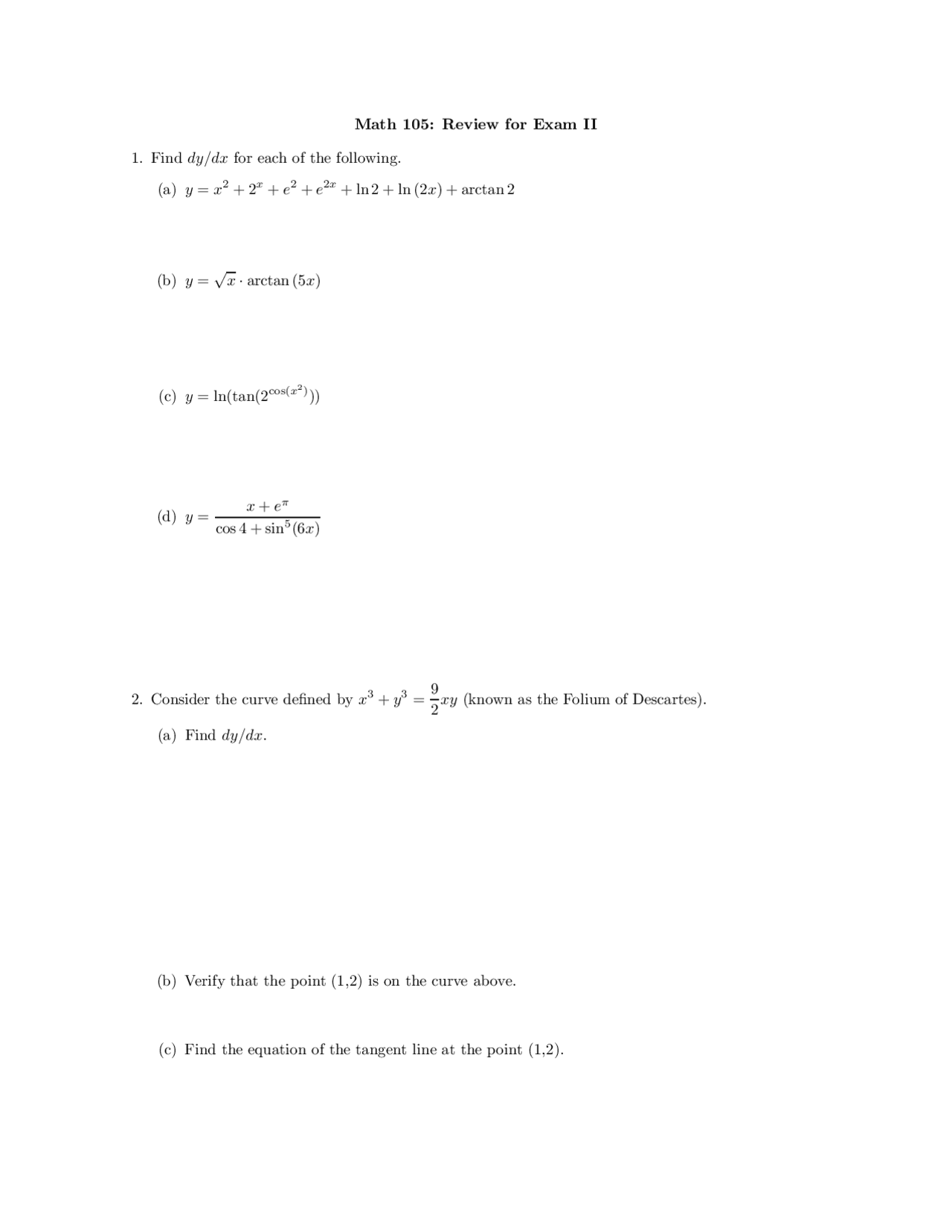 Math 105: Exam II Preparation - Find derivatives, limits, and equations of tangent lines | Exams ...