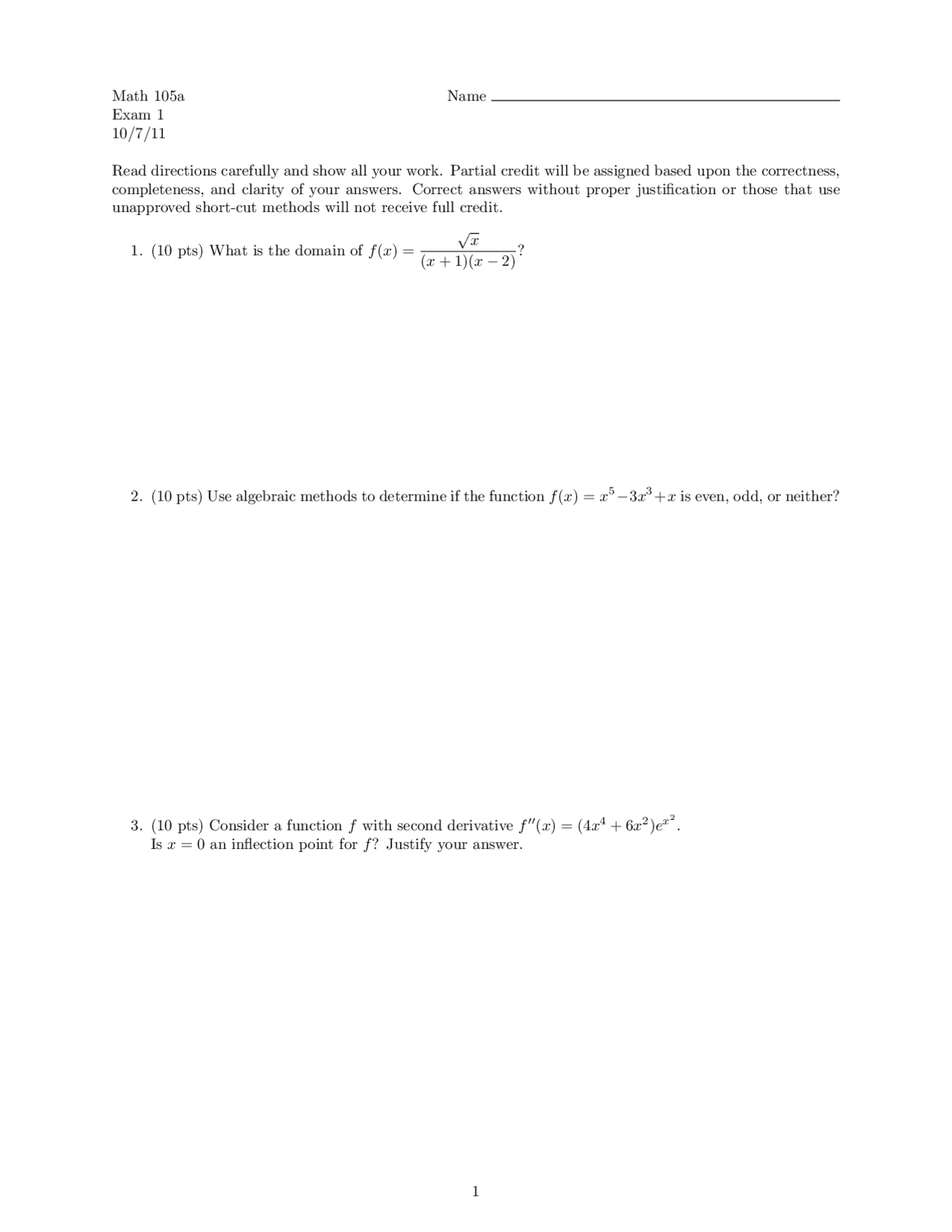 Algebraic Methods Calculus Exam Docsity