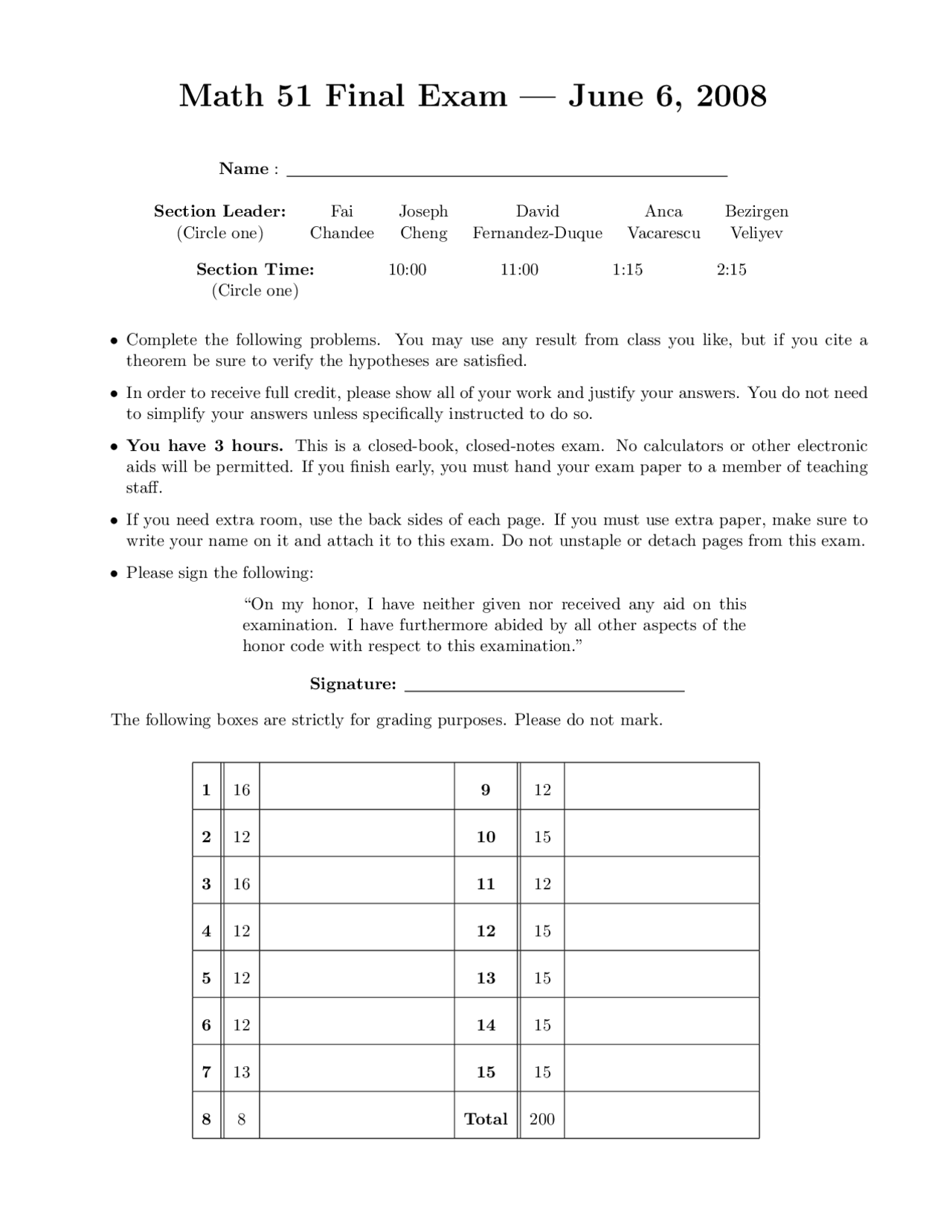 Gradient Linear Algebra And Multivariable Calculus Final Exam Docsity