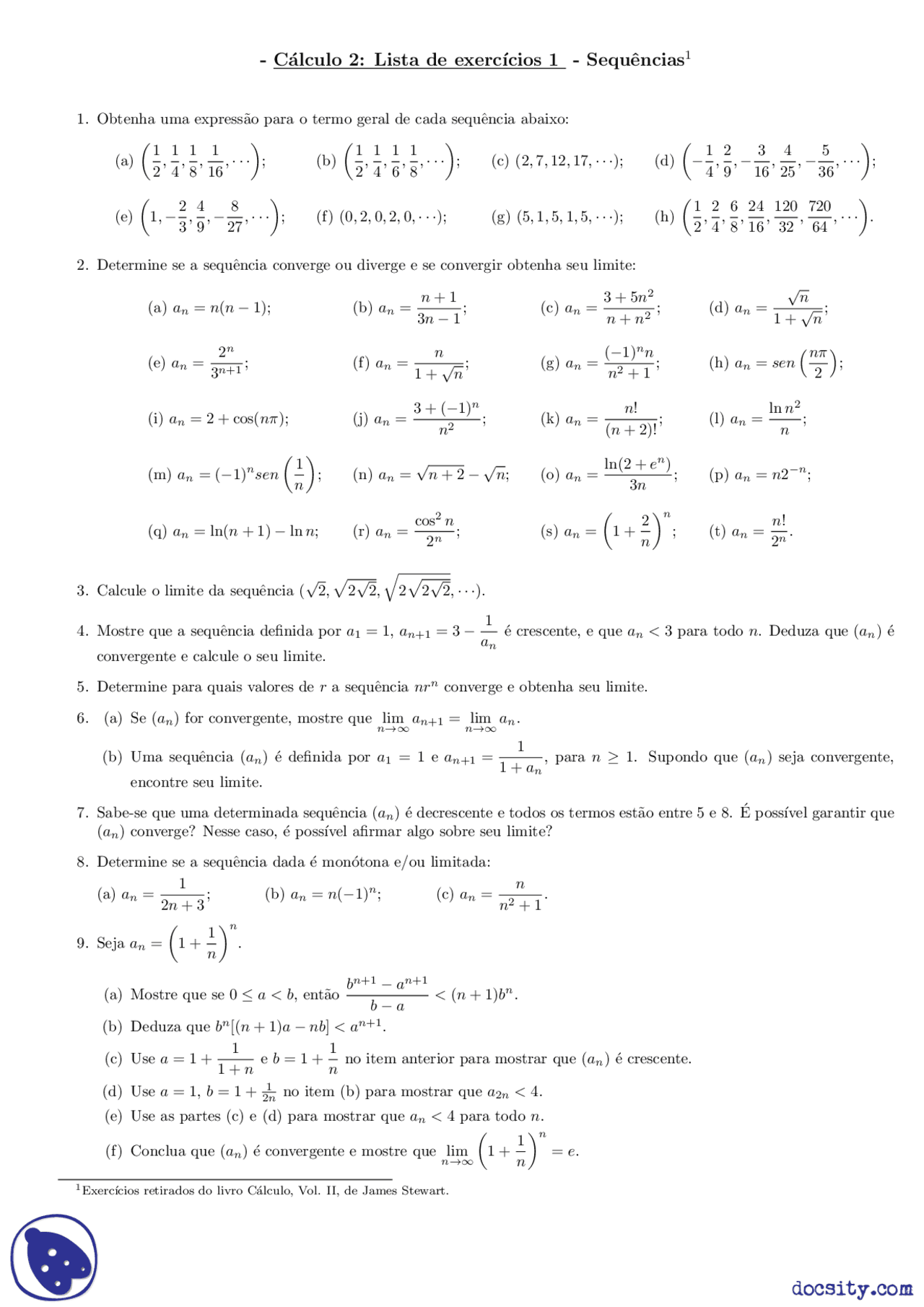 Sequências Exercícios Cálculos Docsity
