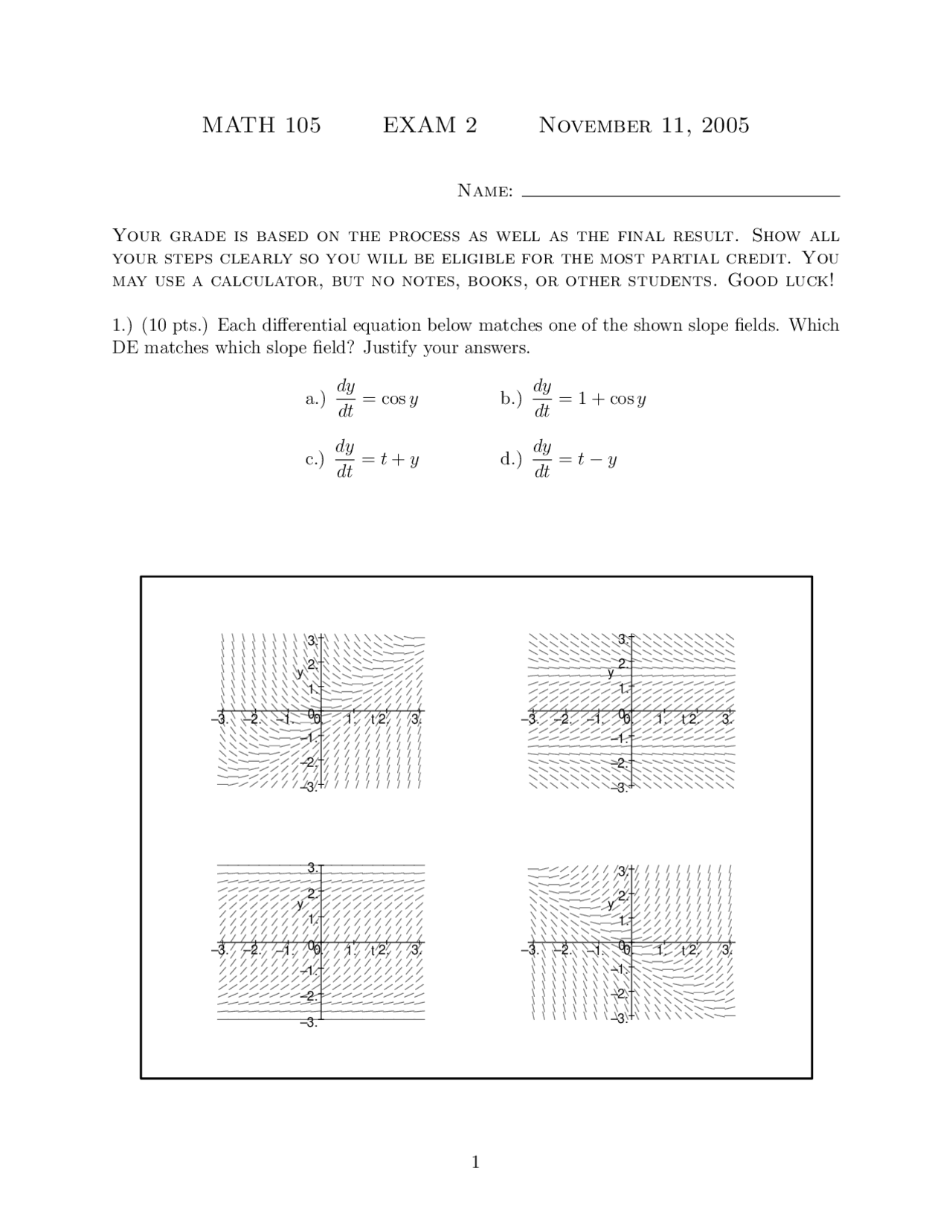 Slope Fields - Calculus - Exam - Docsity