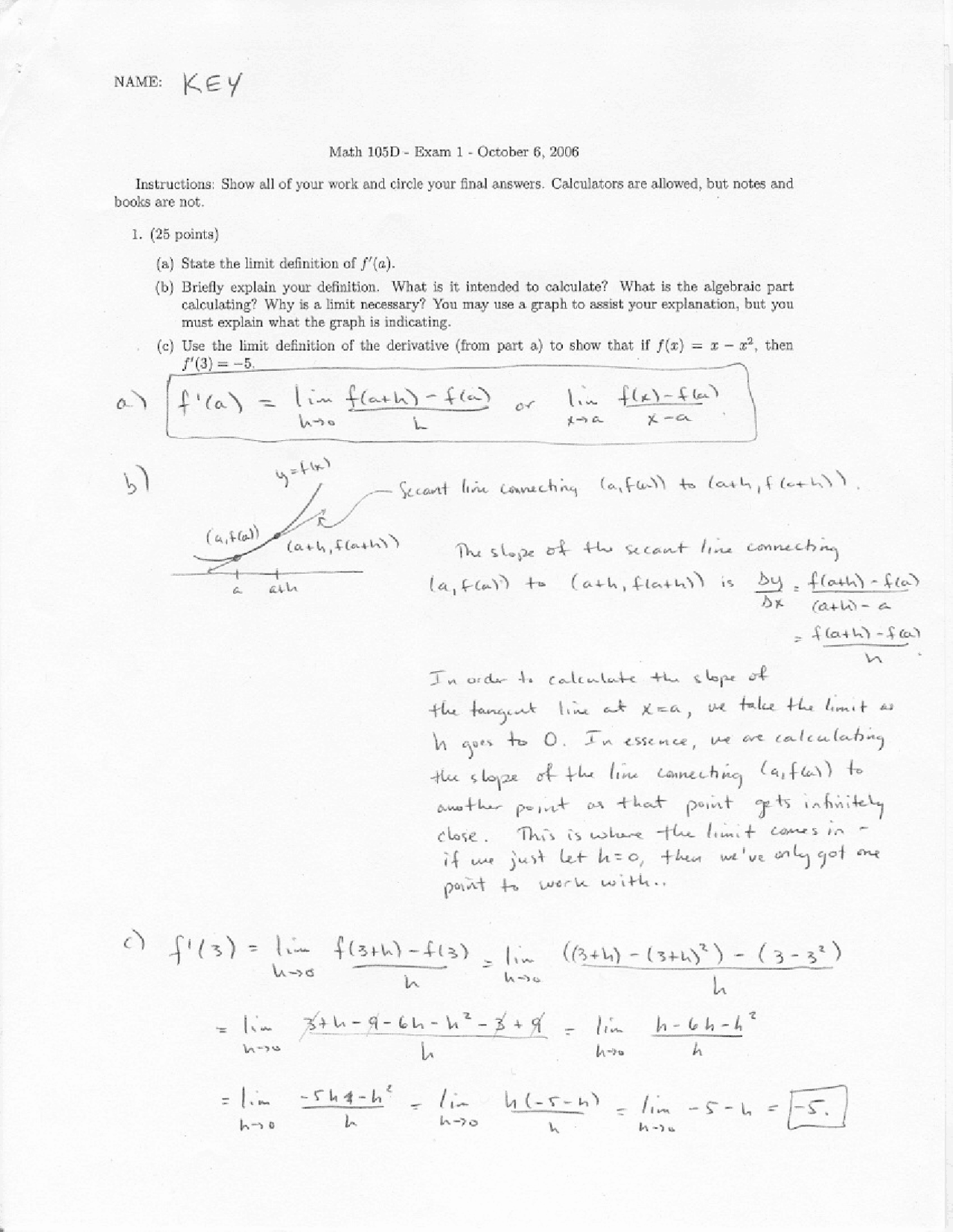 Limit Necessary Calculus Solved Exam Docsity