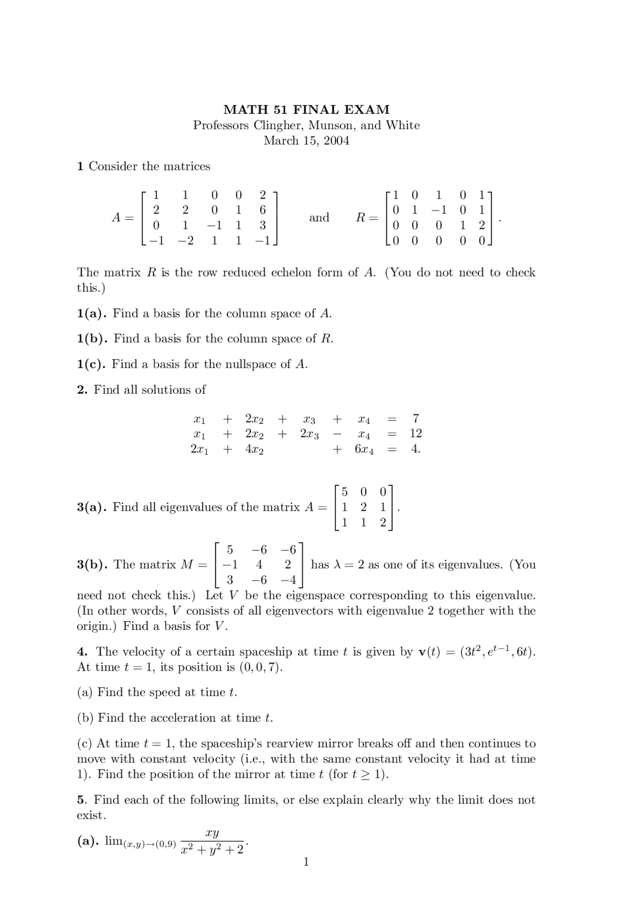 Nullspace - Linear Algebra and Multivariable Calculus - Final Exam | Exams Calculus | Docsity