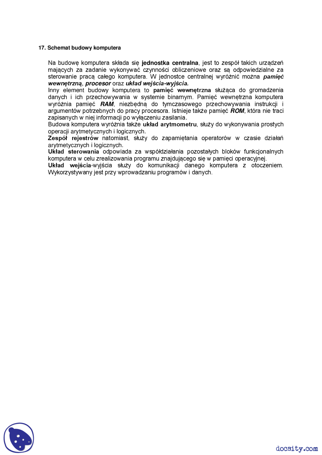 Schemat Budowy Komputera Notatki Elementy Informatyki Ekonomicznej