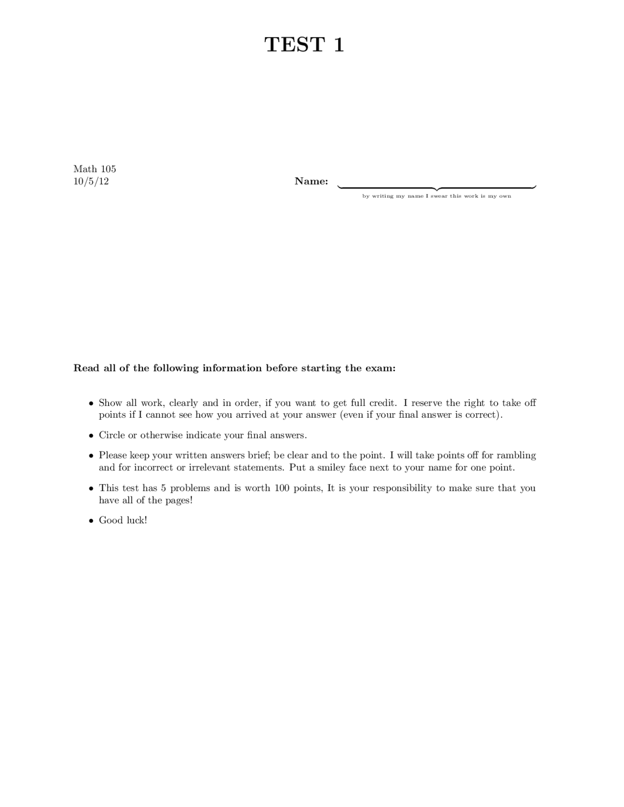 Math 105 Exam: Calculus Problem Solving | Exams Calculus | Docsity