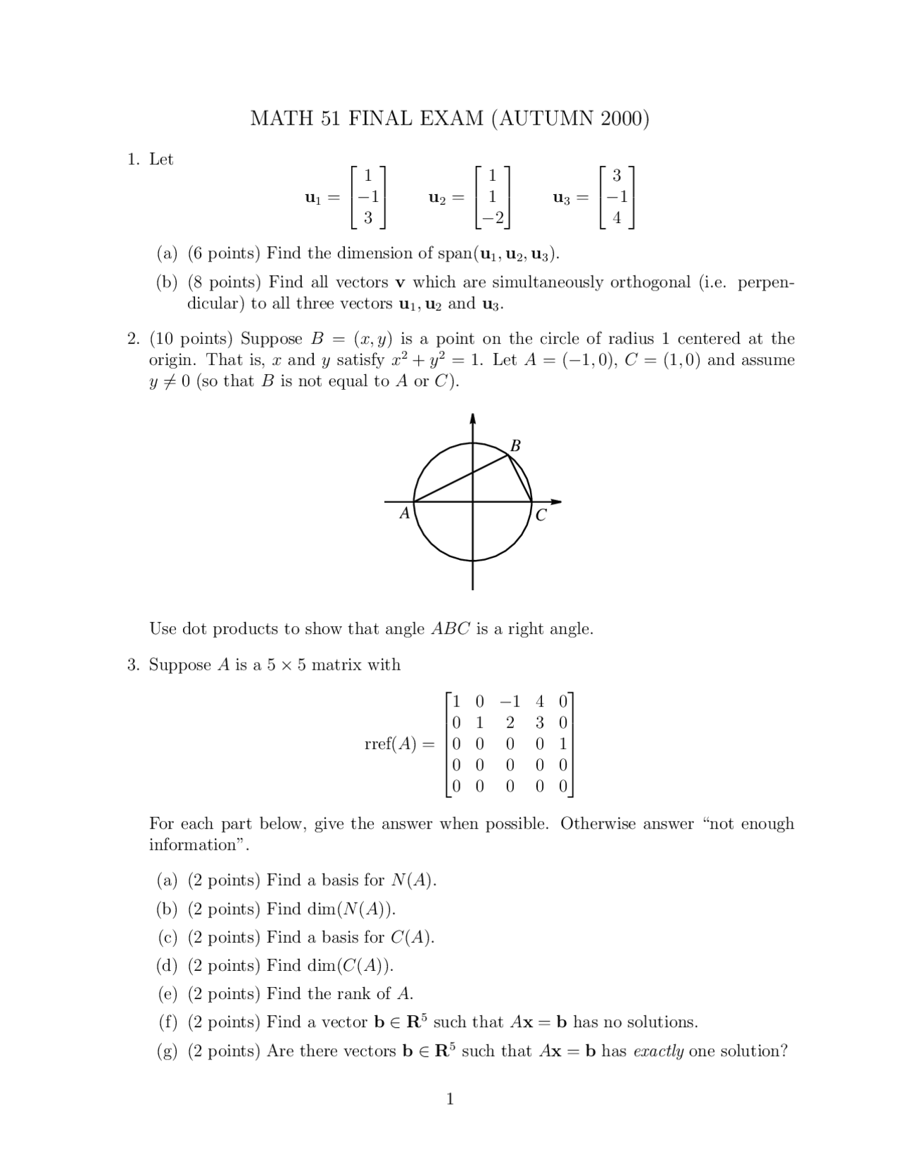 Vectors Linear Algebra And Multivariable Calculus Final Exam Docsity