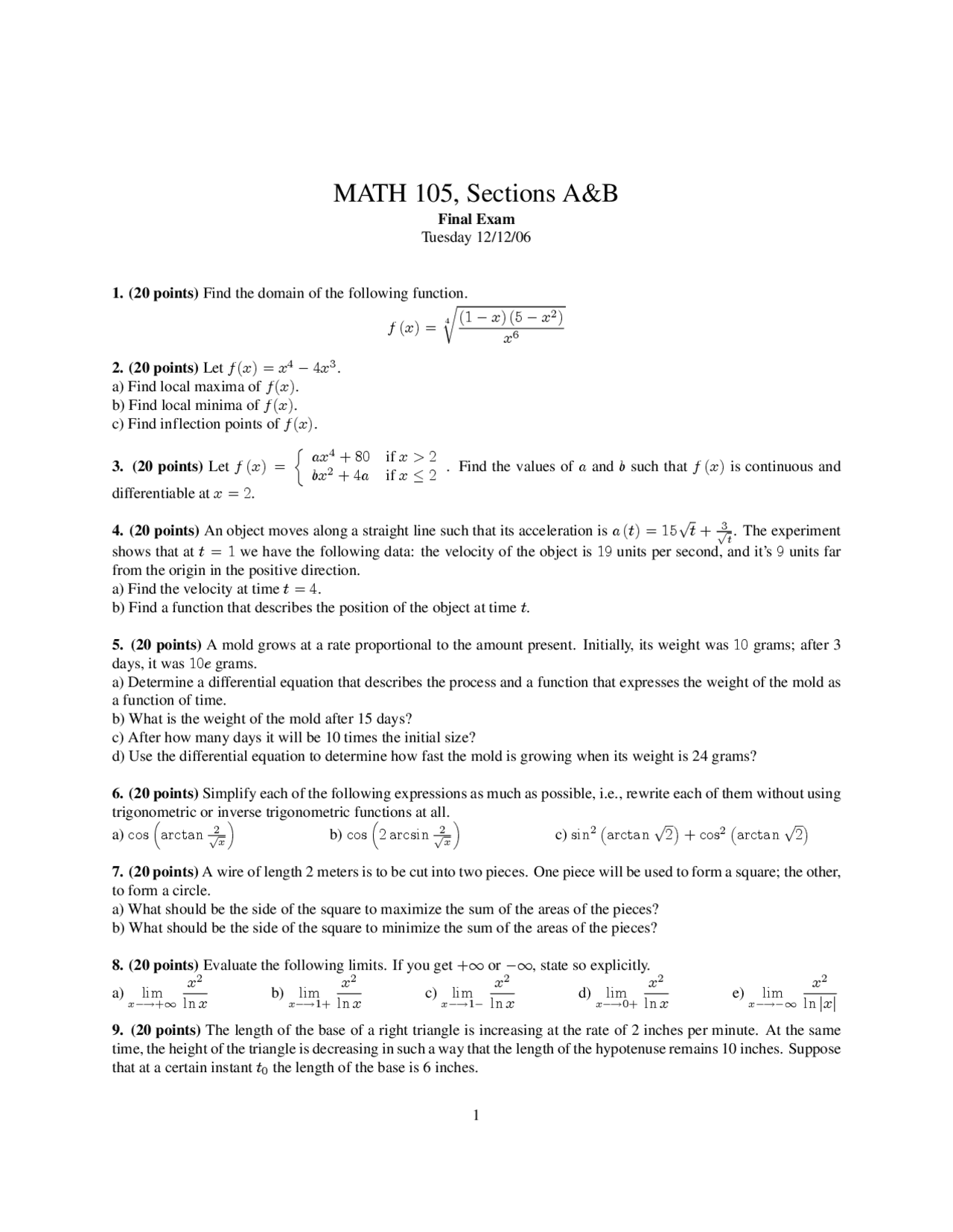 Origin - Calculus - Exam - Docsity