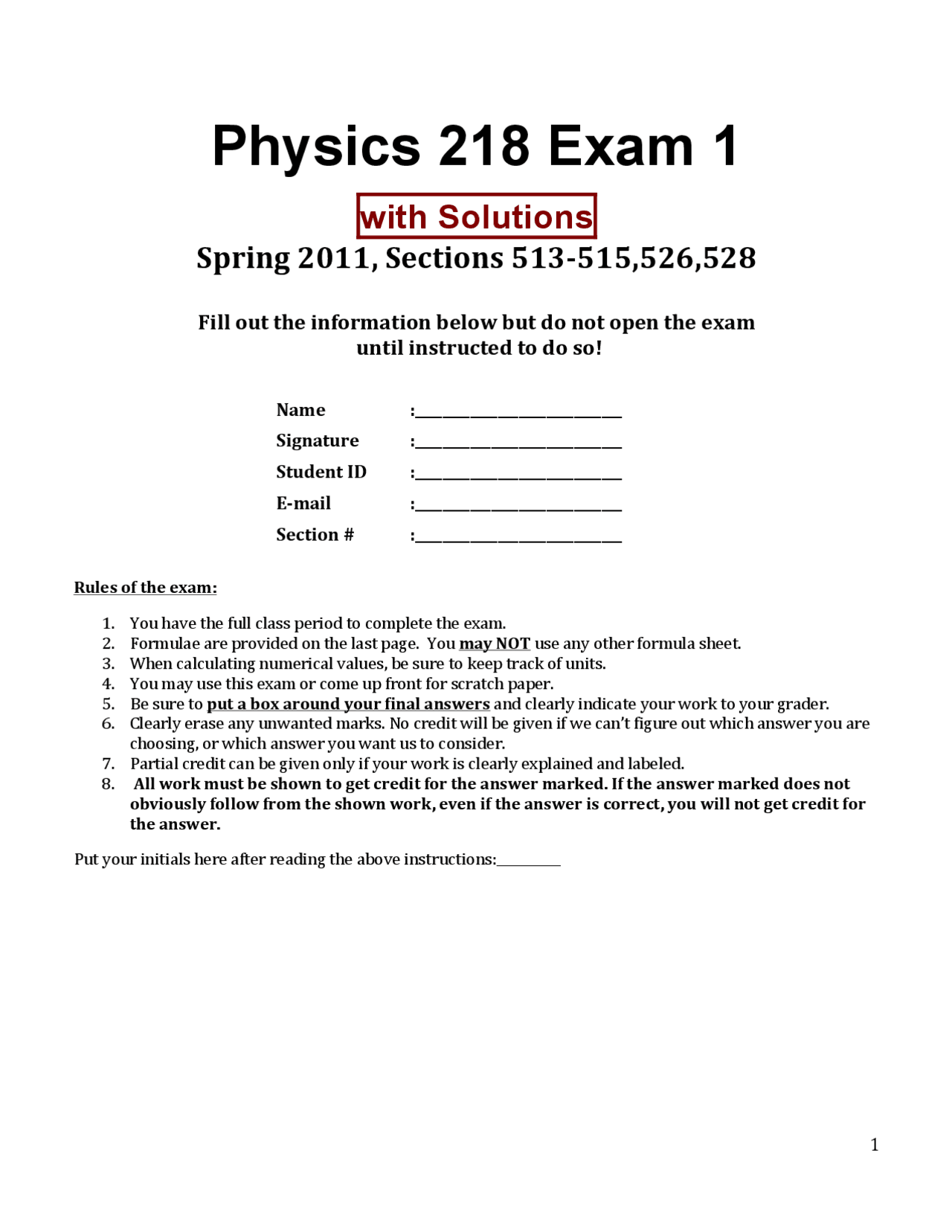 Units of Pascals - Classical Mechanics - Solved Exam - Docsity
