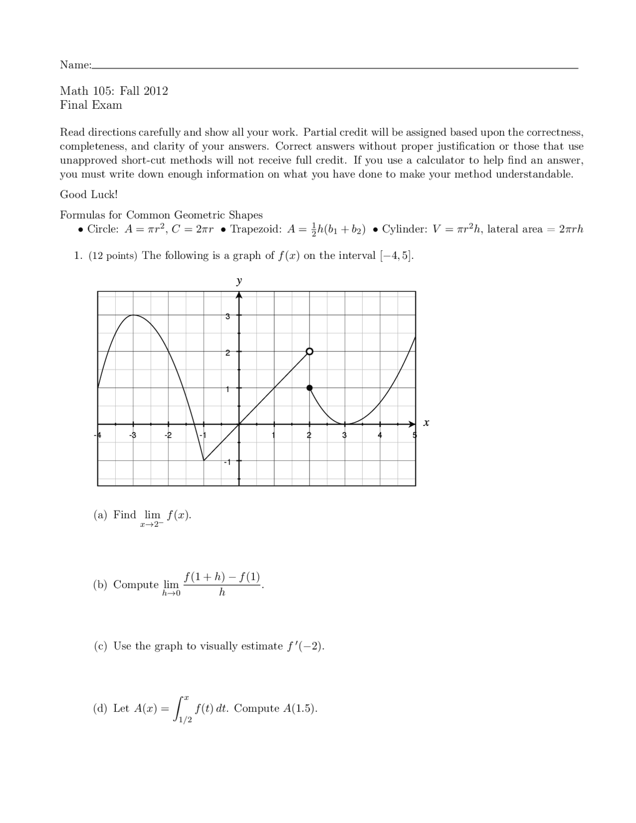 Trapezoid - Calculus - Exam - Docsity