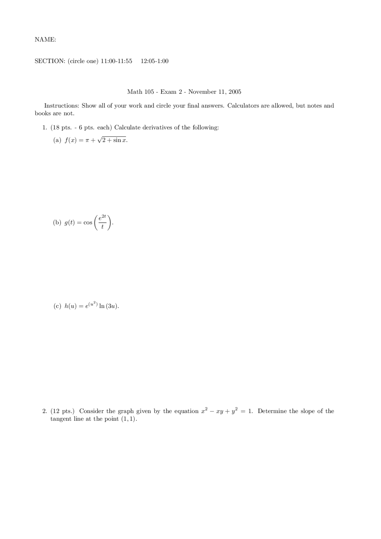 Calculate Derivatives Calculus Exam Docsity