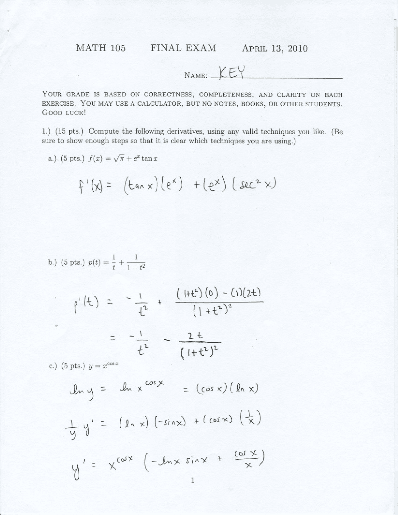 Techniques - Calculus - Solved Exam - Docsity