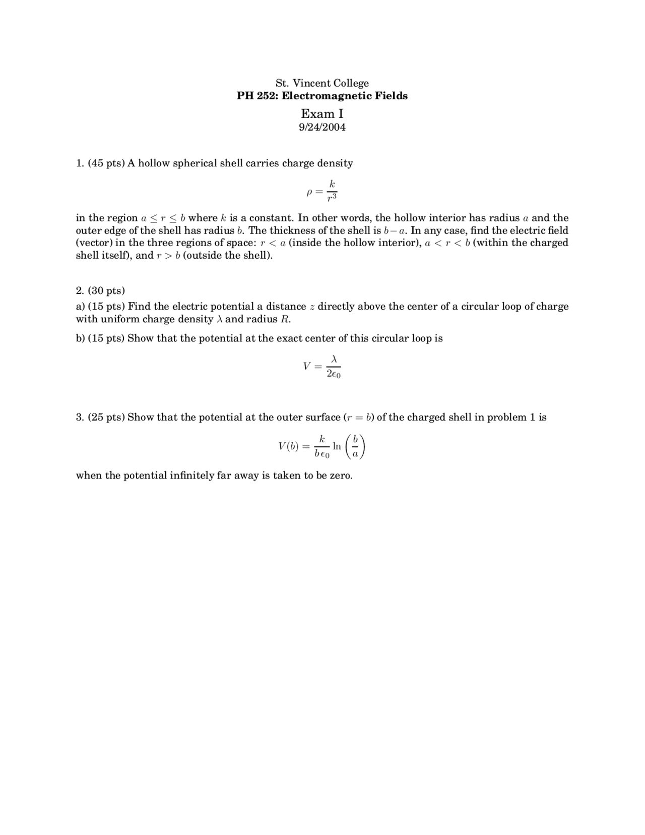 Hollow Spherical Shell Electromagnetic Fields Exam Docsity