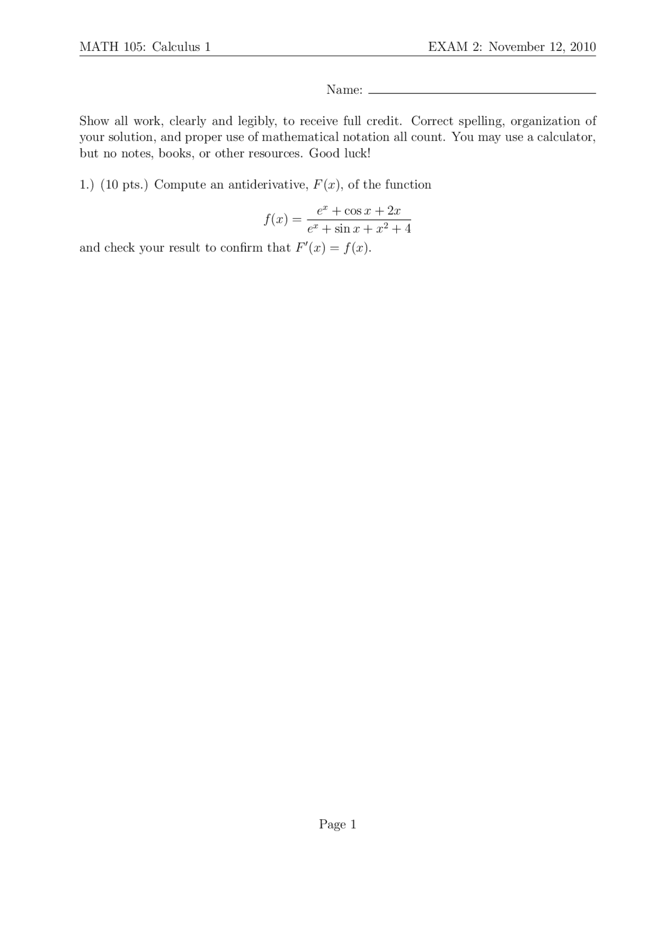 Confirm Calculus Exam Docsity
