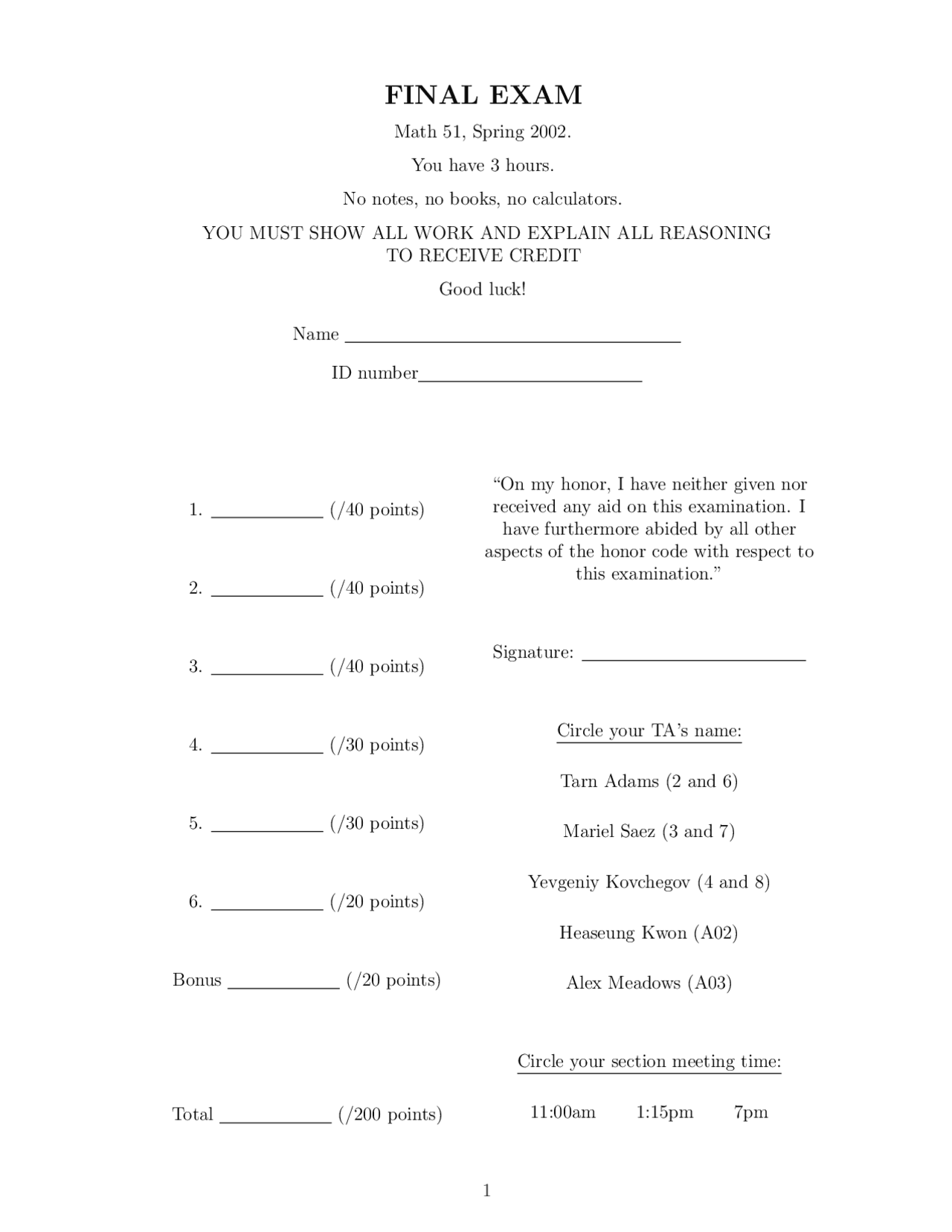 Computing Linear Algebra And Multivariable Calculus Final Exam