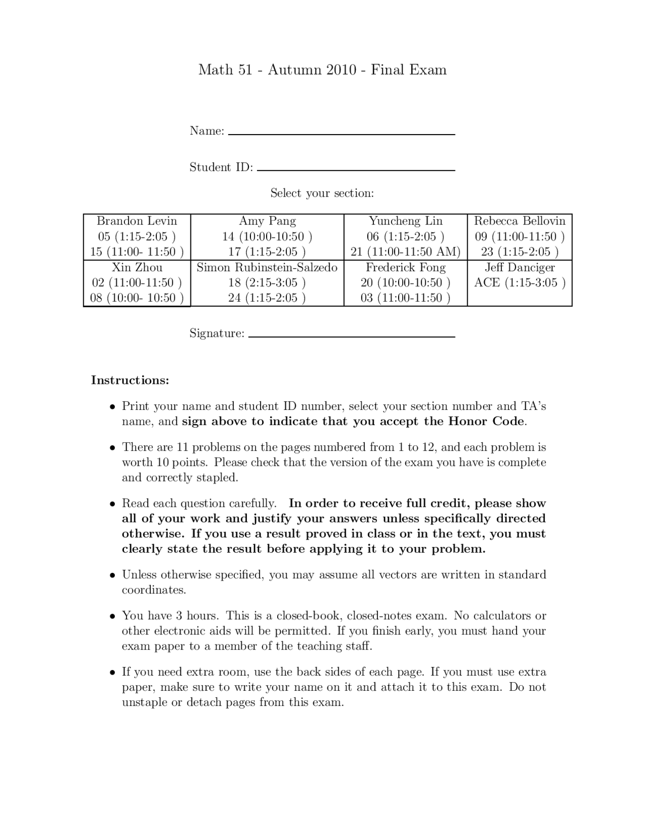 Subspace Linear Algebra And Multivariable Calculus Final Exam Docsity