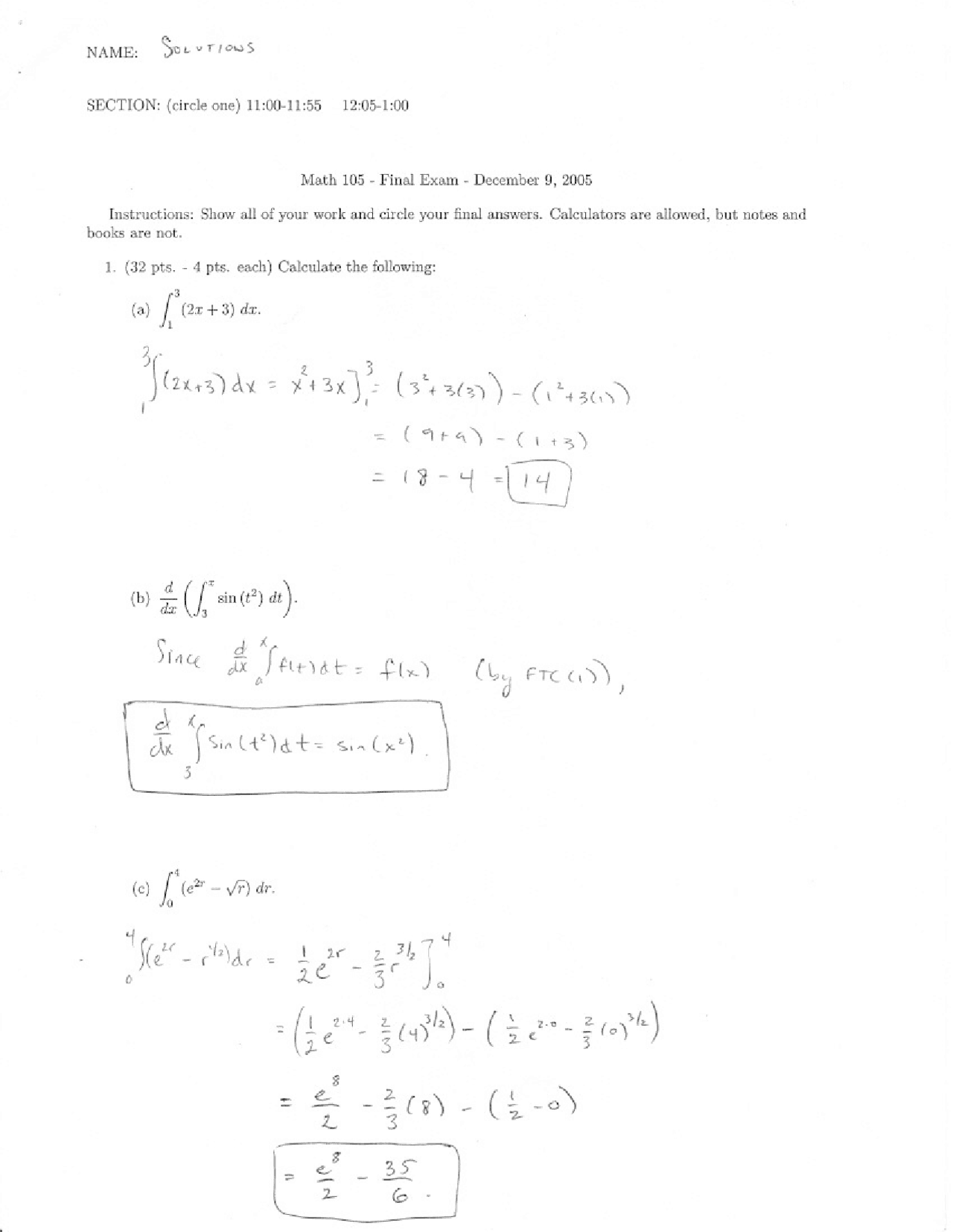 Mean Value - Calculus - Solved Exam | Exams Calculus | Docsity