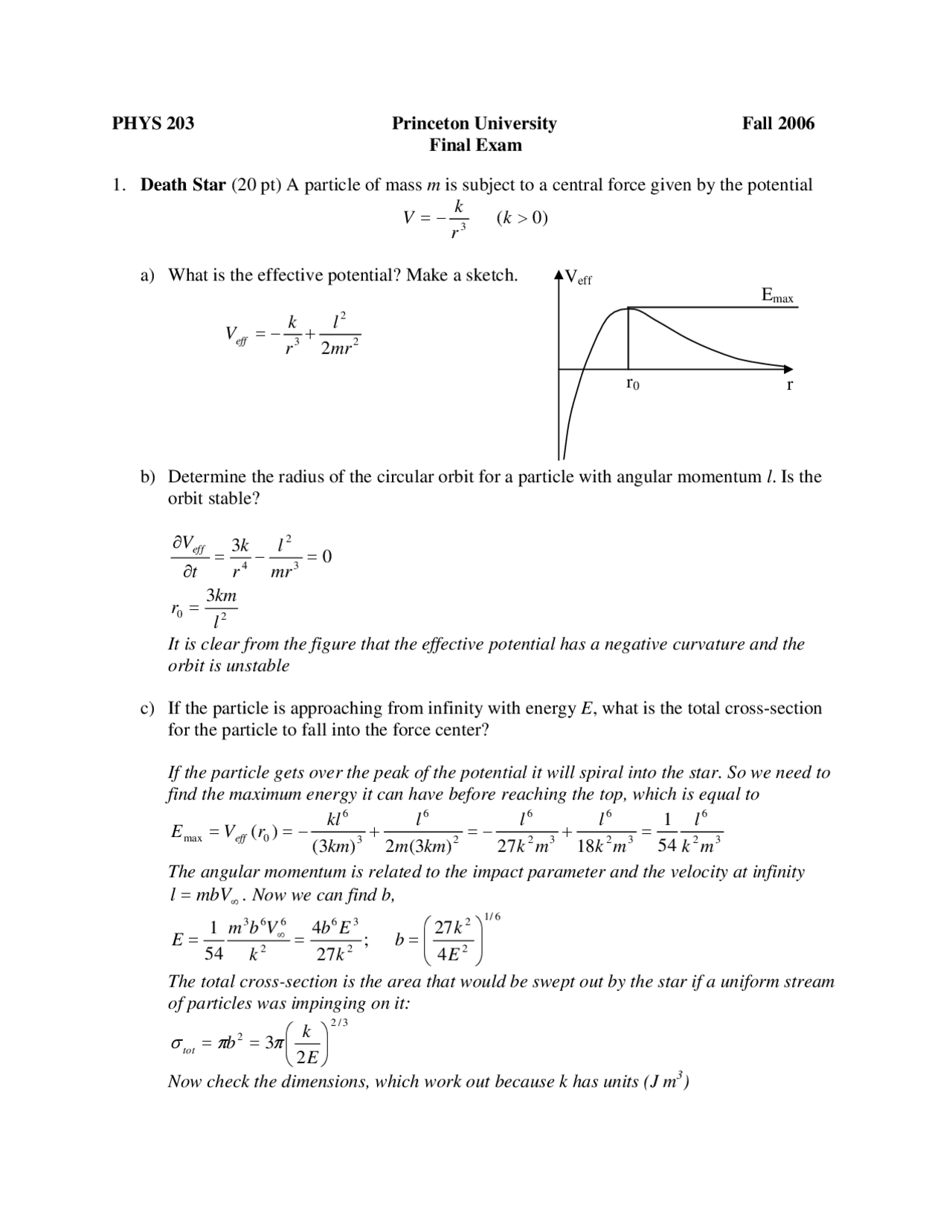 Effective Potential - Classical Mechanics - Solved Exam - Docsity