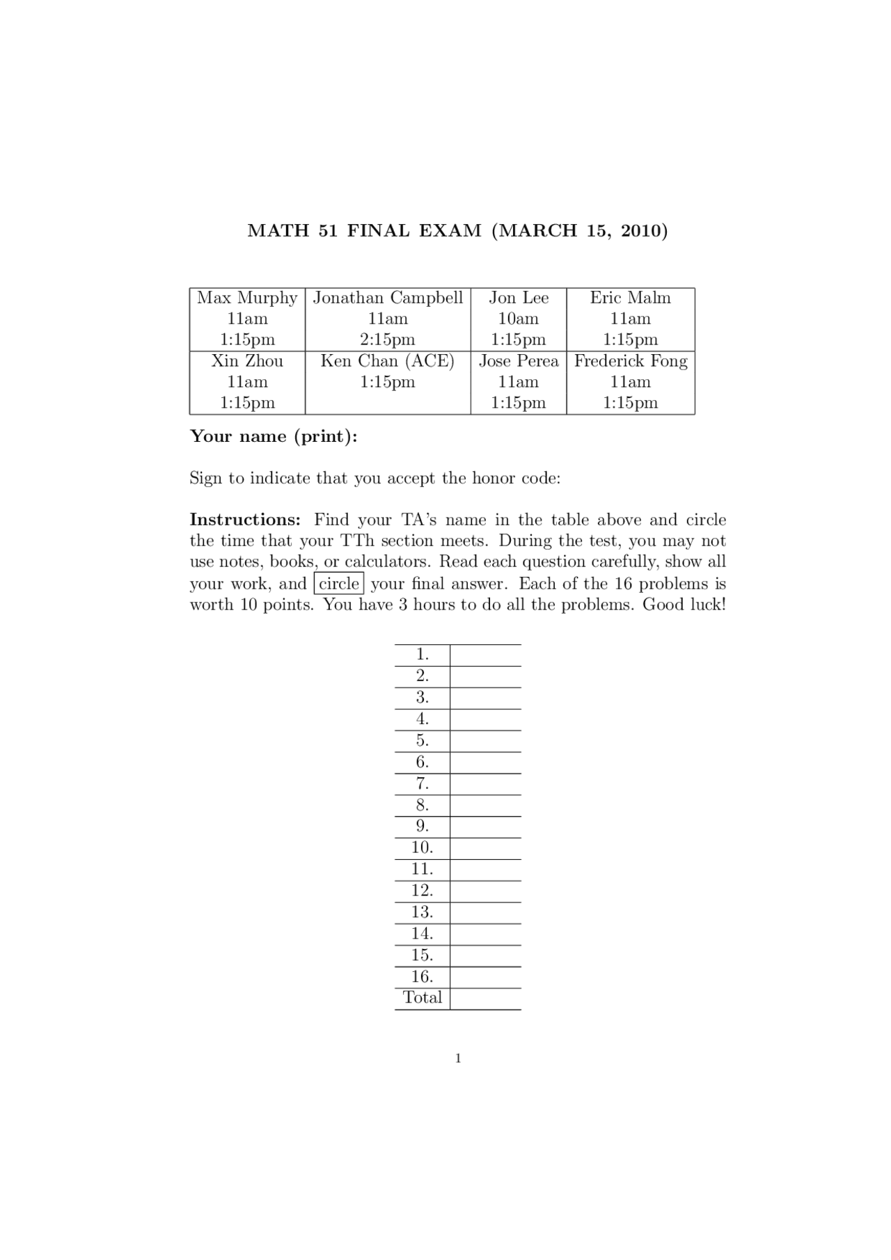 Temperature - Linear Algebra and Multivariable Calculus - Final Exam - Docsity