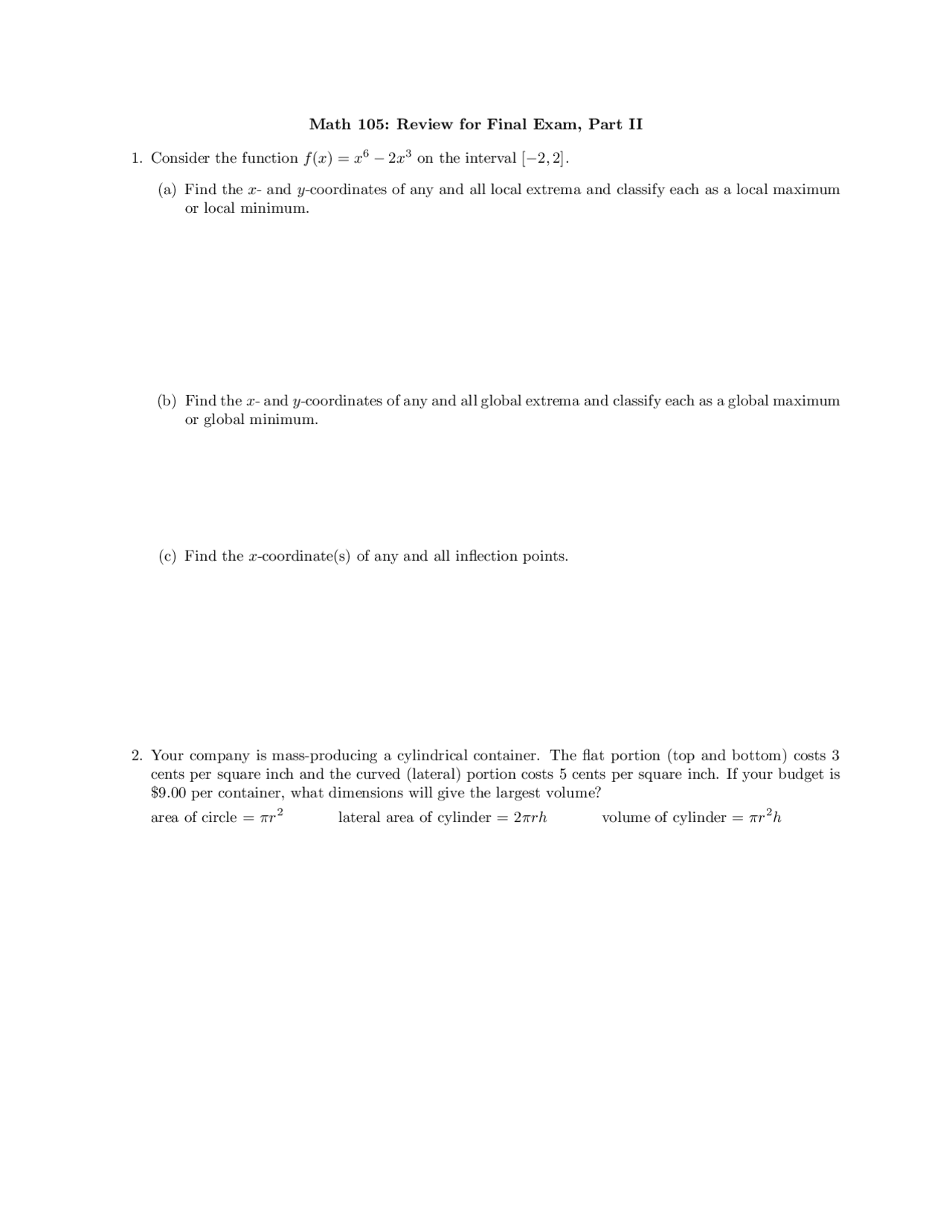 Inflection Points - Calculus - Exam - Docsity