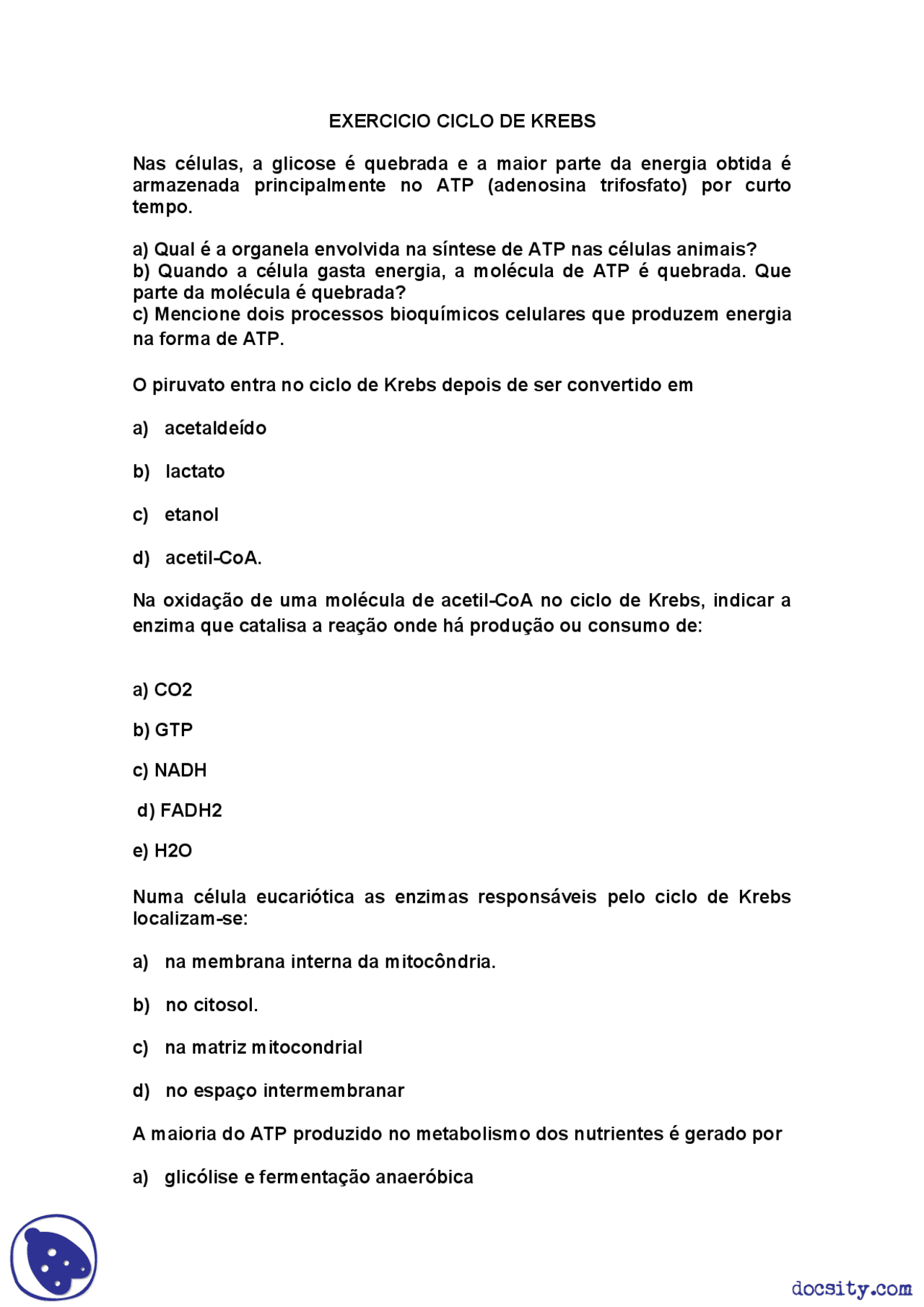 Exercicio Ciclo De Krebs Exercícios Biomedicina Docsity