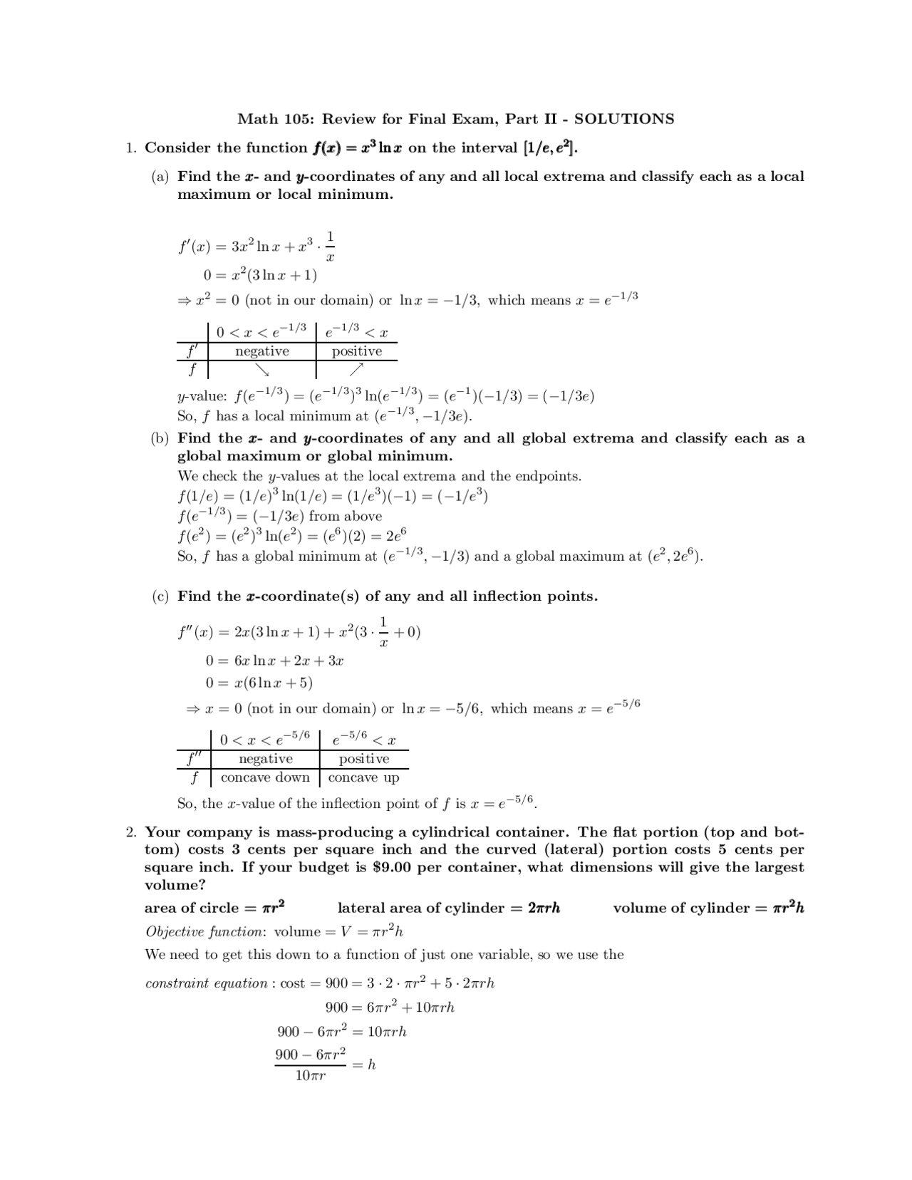 Global Minimum - Calculus - Solved Exam - Docsity