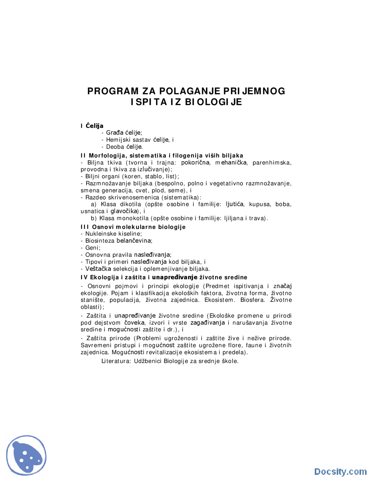 Ispitna pitanja-Ispit-Biologija (1) | Ispiti' predlog Biologija životne sredine - Docsity