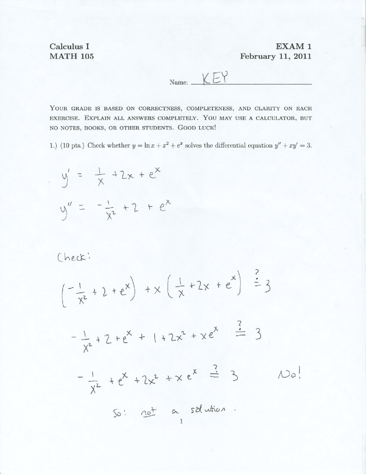 Differential Equation Calculus Solved Exam Docsity