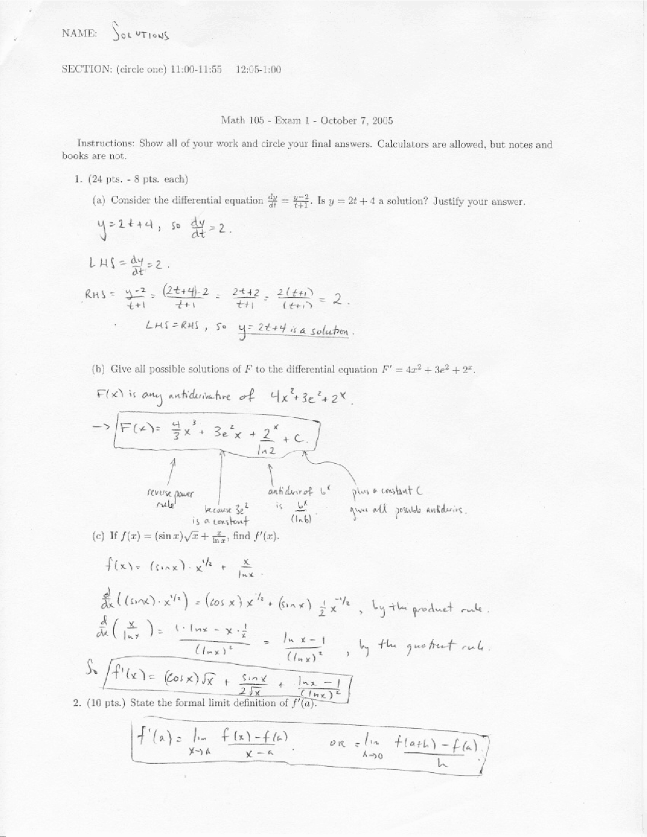 Possible Solutions Calculus Solved Exam Exams Calculus Docsity