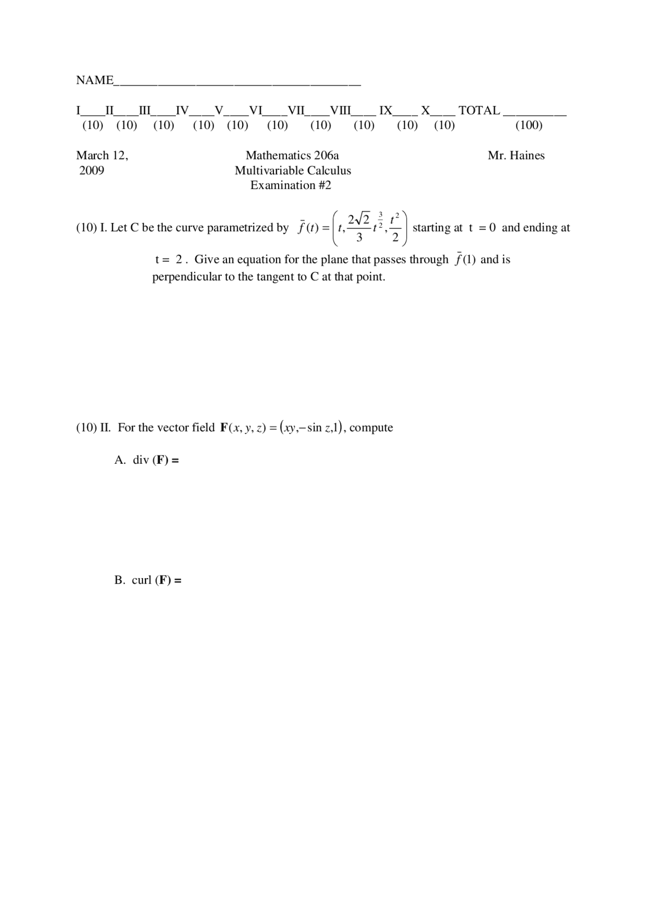 Curve Parametrized Multivariable Exam Docsity