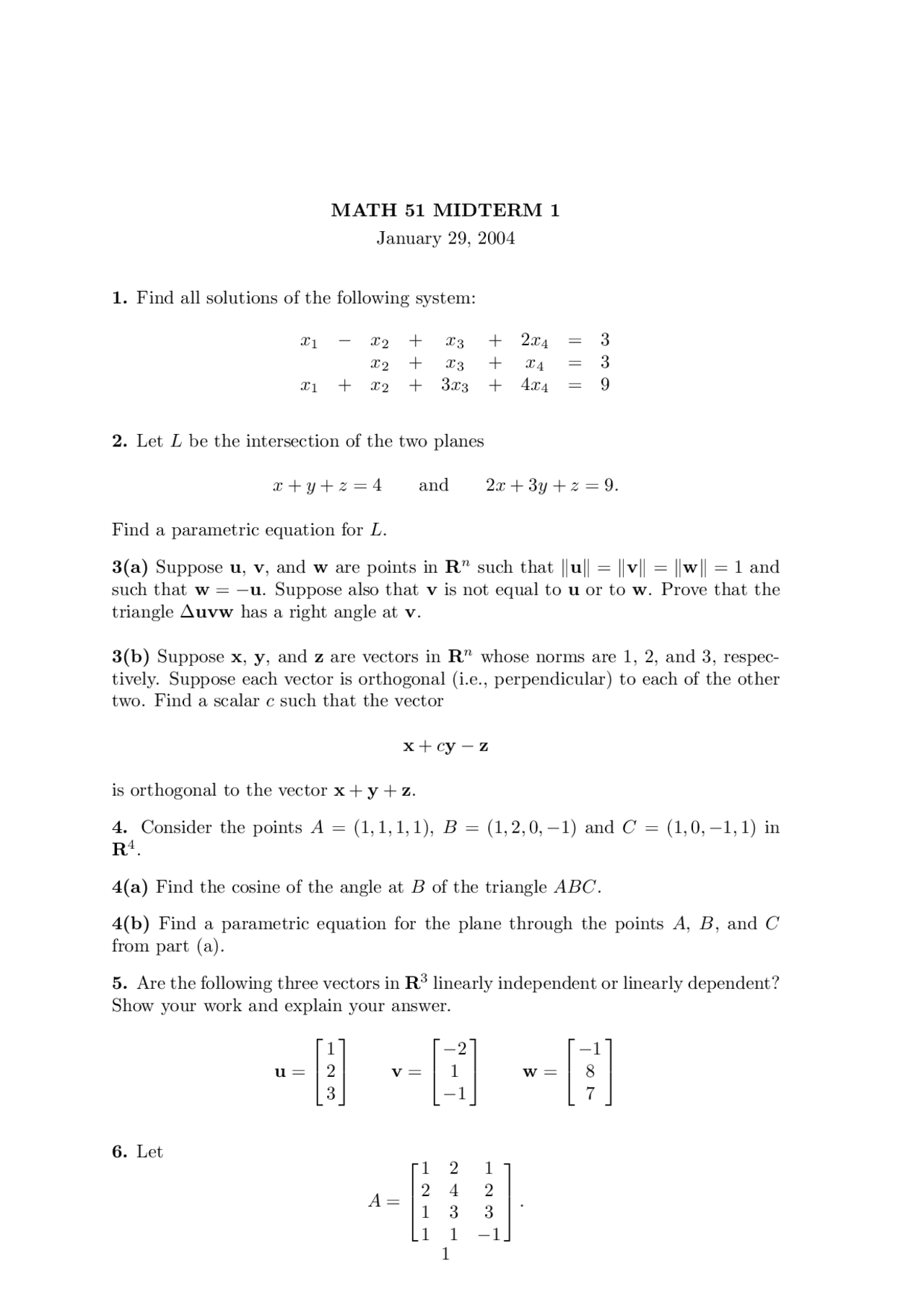 Intersection Linear Algebra And Multivariable Calculus First Midterm Exam Exams Calculus