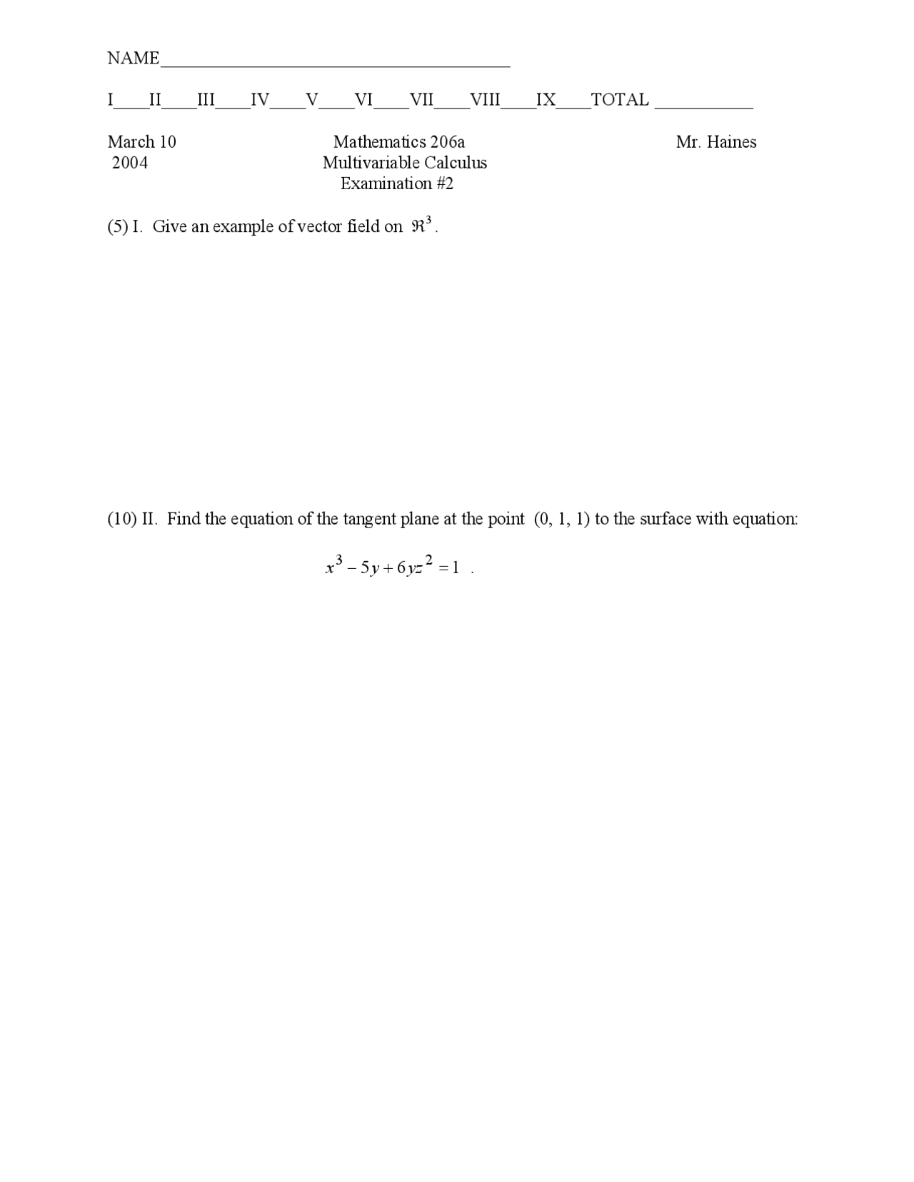 Vector Field Multivariable Exam Docsity
