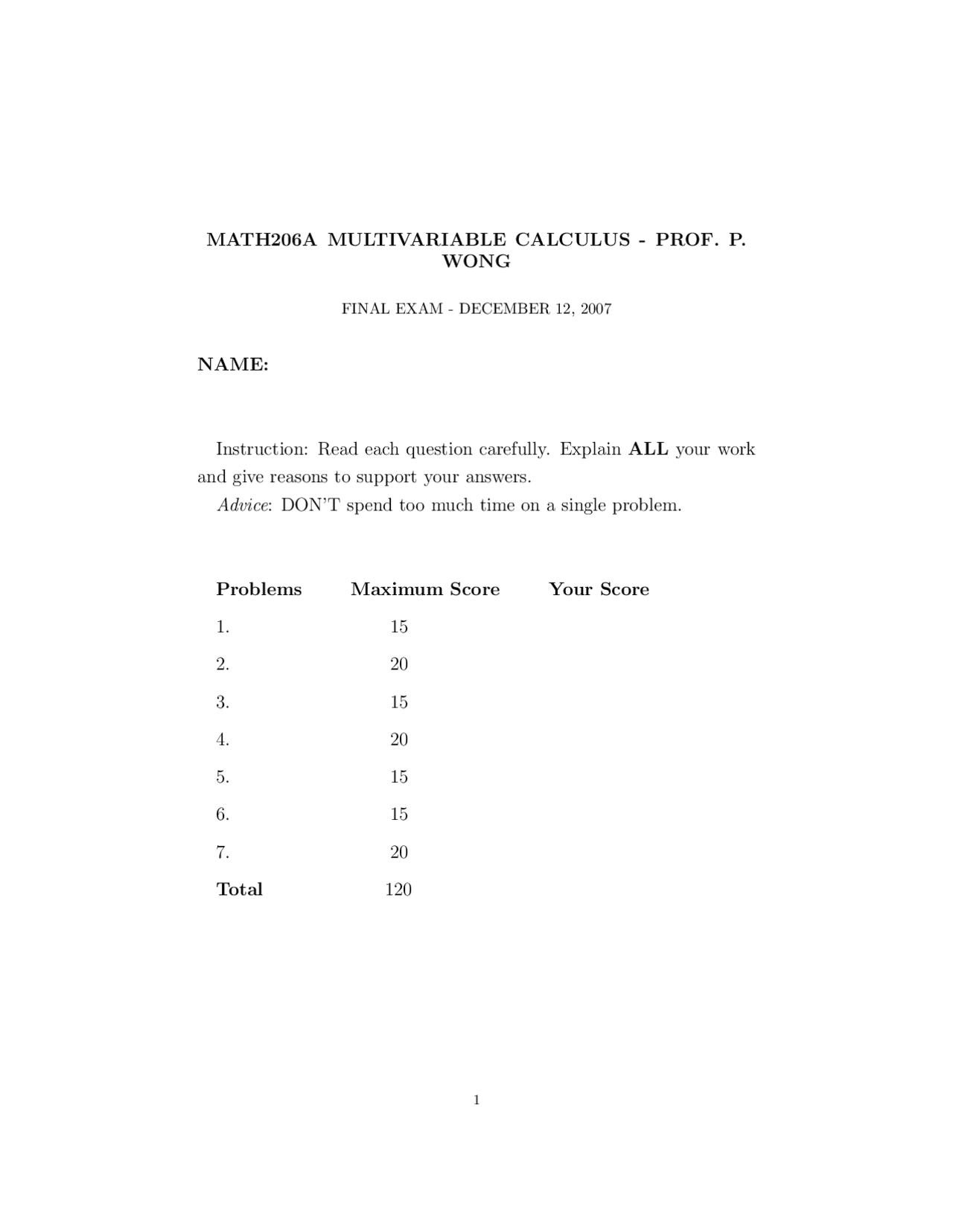 Local Max - Multivariable - Exam - Docsity