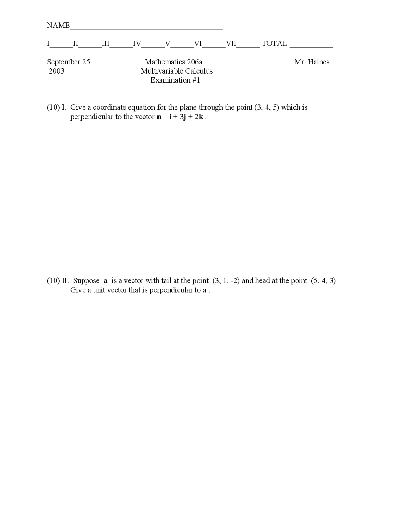 Vector - Multivariable - Exam - Docsity