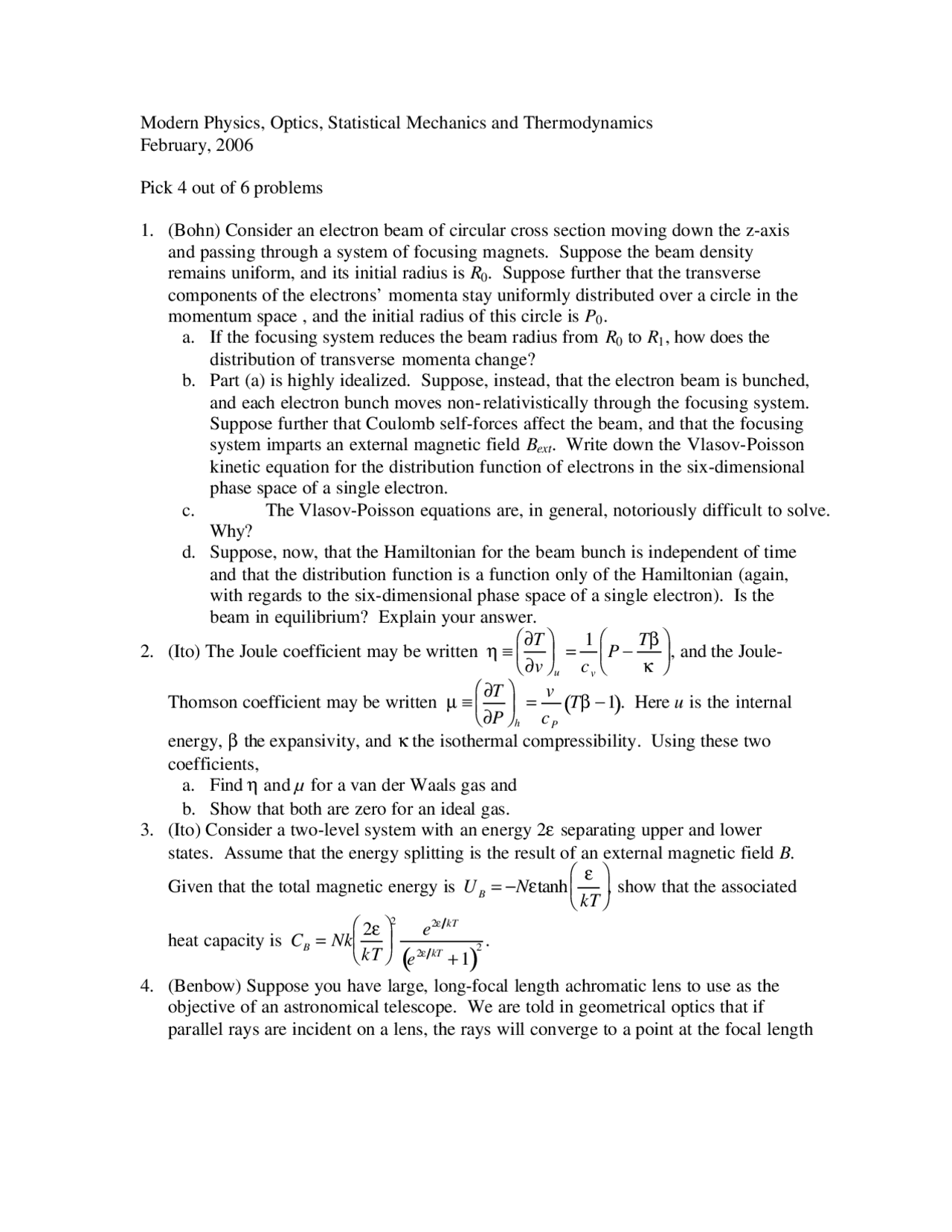 Electron Beam - Modern and Statistical Physics - Exam - Docsity
